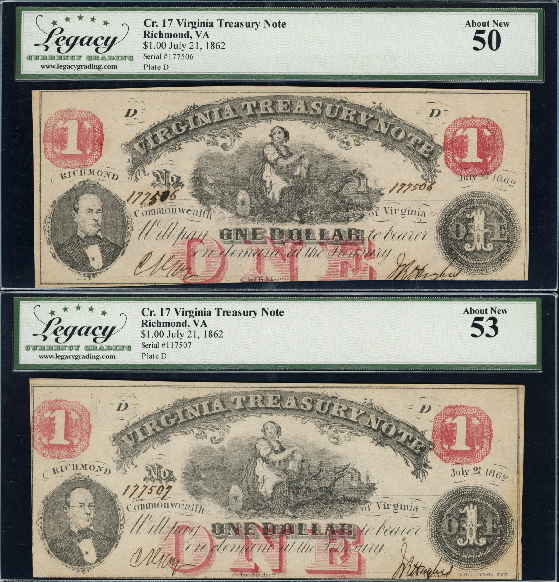 1862 Richmond, Virginia $1 Virginia Treasury Notes *Sequential Serial ...