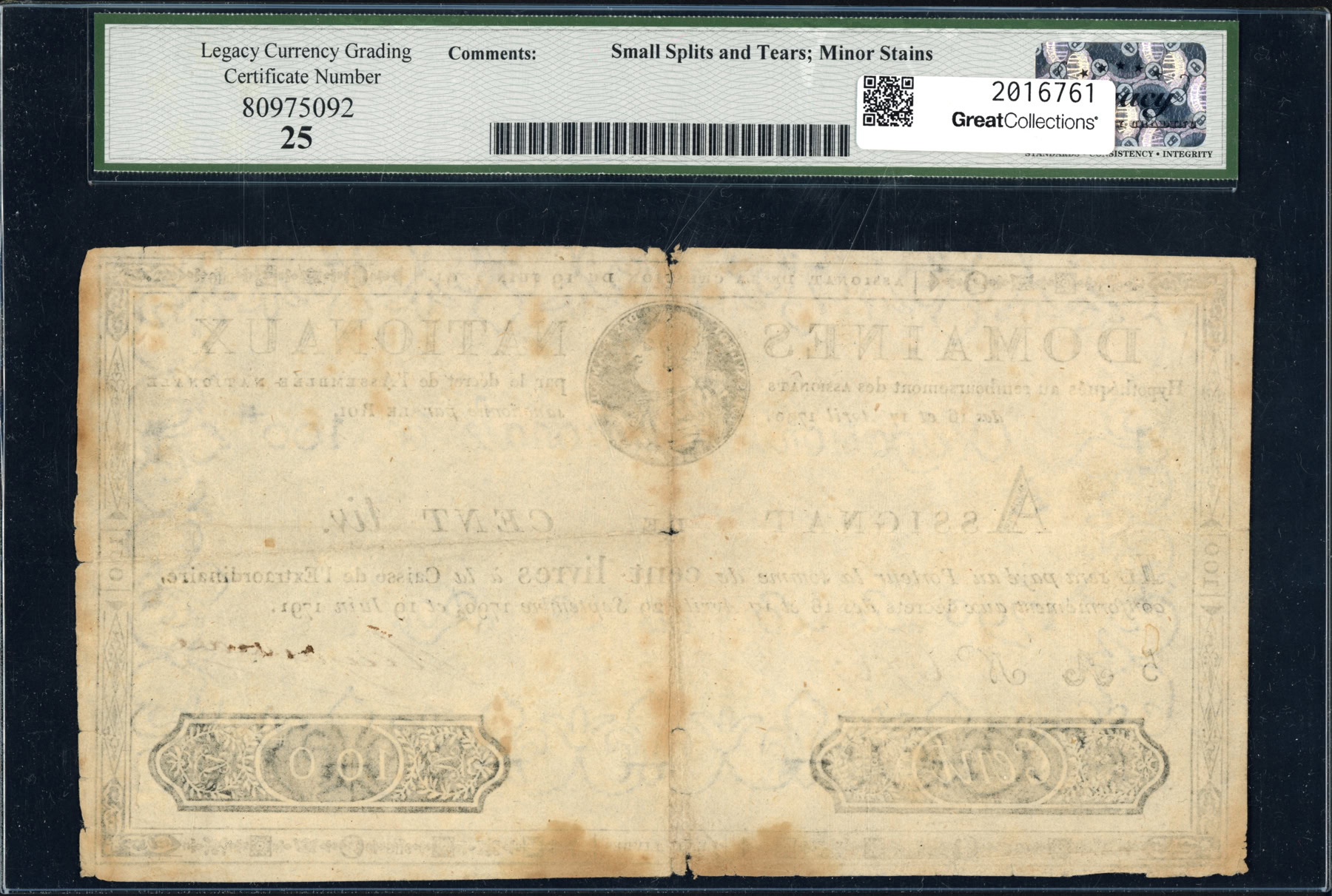 France 1791 100 Livres Domaines Nationaux Assignat Note SCWPM-A44A ...