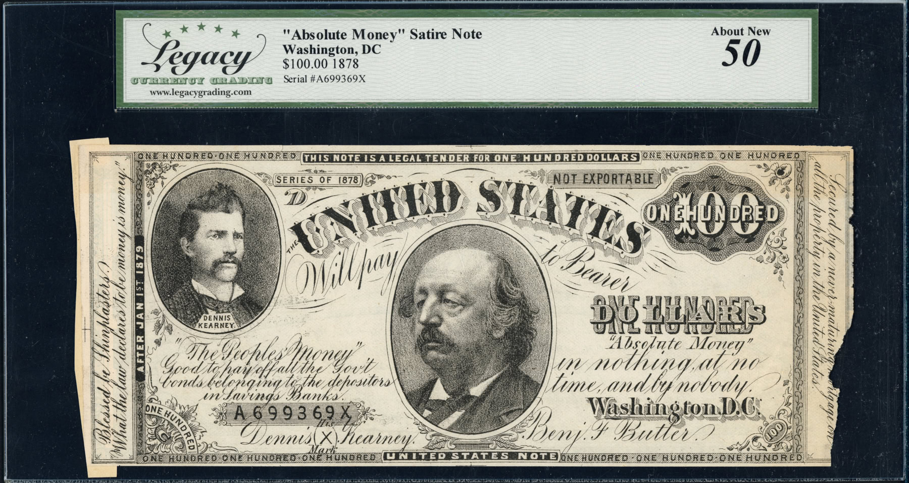 1878 Washington D.C. $100 Absolute Money Satire Note Legacy About New ...