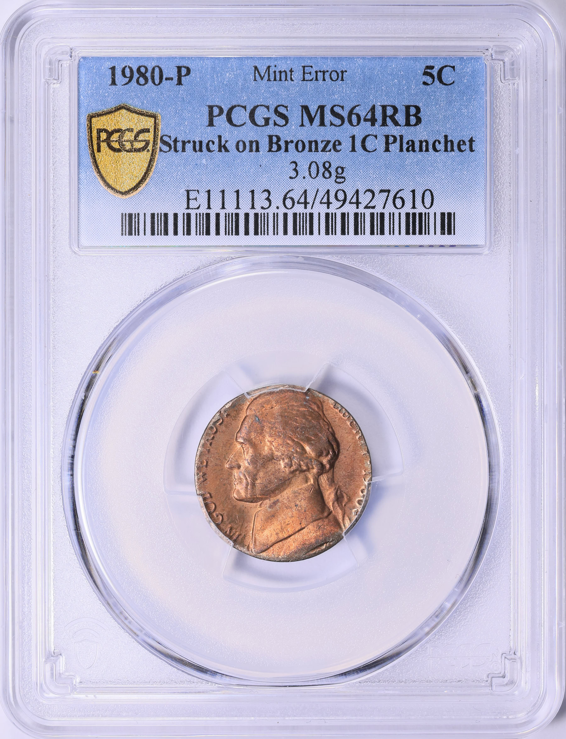 Mint Error 1980-P Jefferson Nickel Struck on Bronze 1c Planchet 3.08g ...