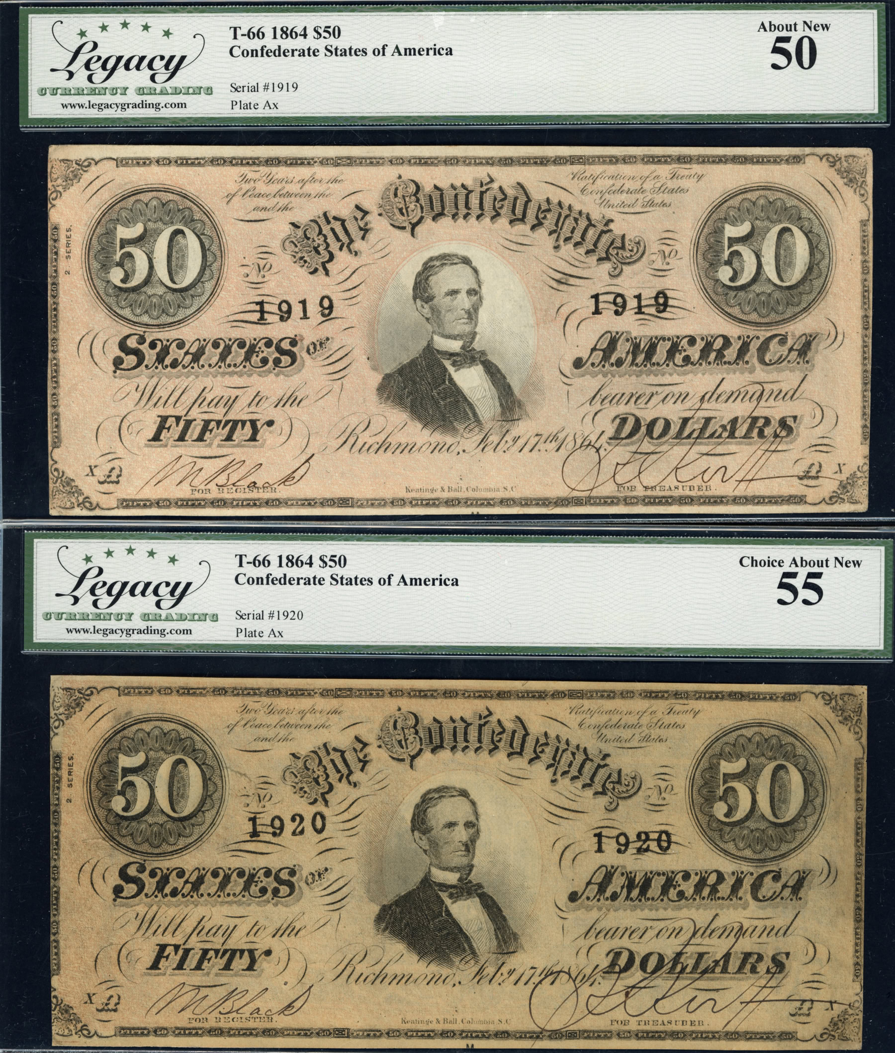 T-66 Confederate States of America 1864 $50 Notes *Sequential Serial ...