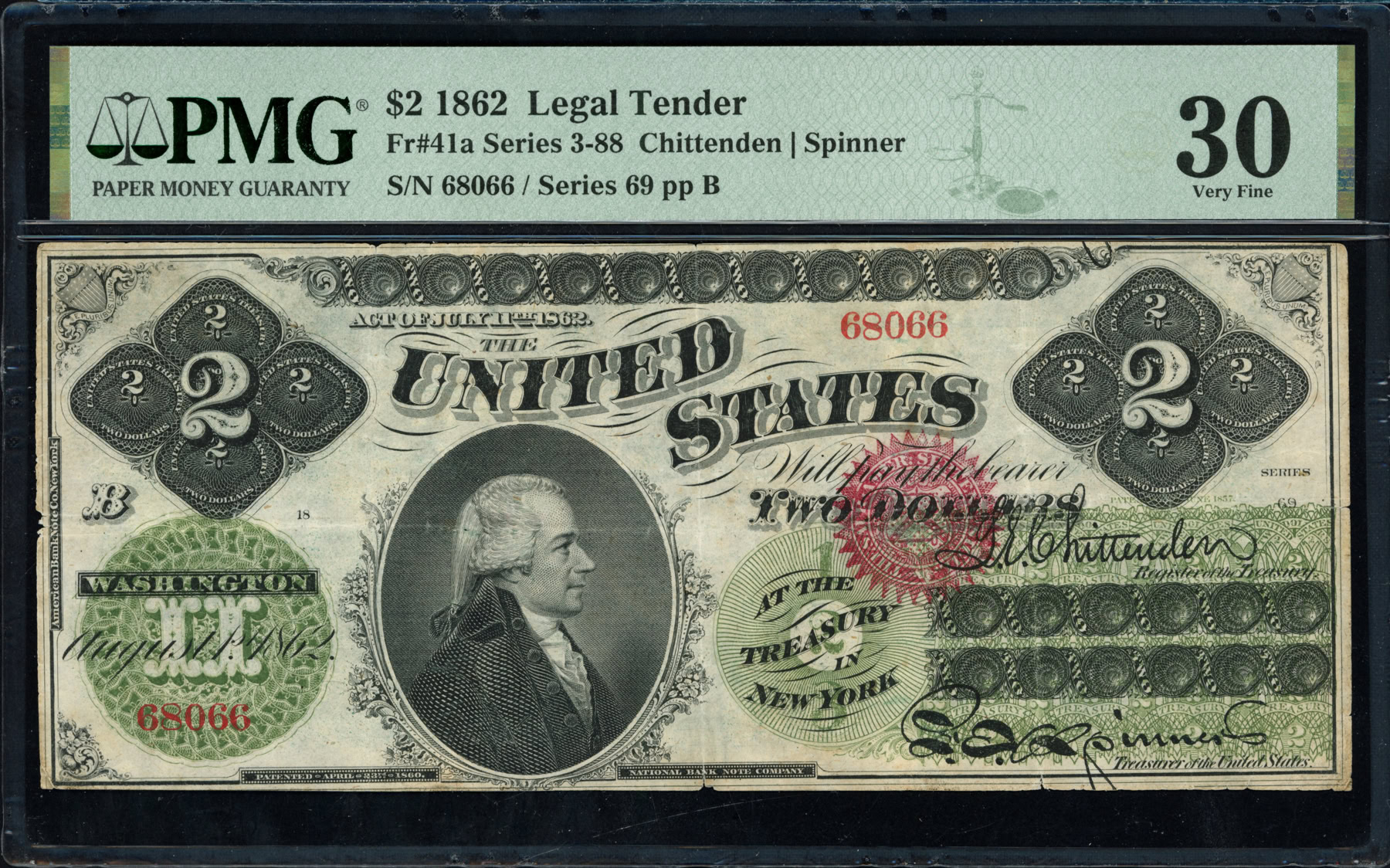 Fr. 41a 1862 $2 Legal Tender Note Series 69 Chittenden / Spinner PMG ...