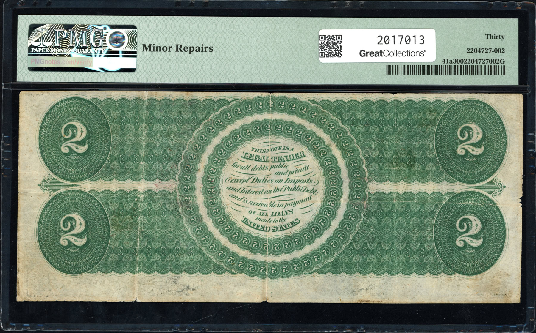 Fr. 41a 1862 $2 Legal Tender Note Series 69 Chittenden / Spinner PMG ...