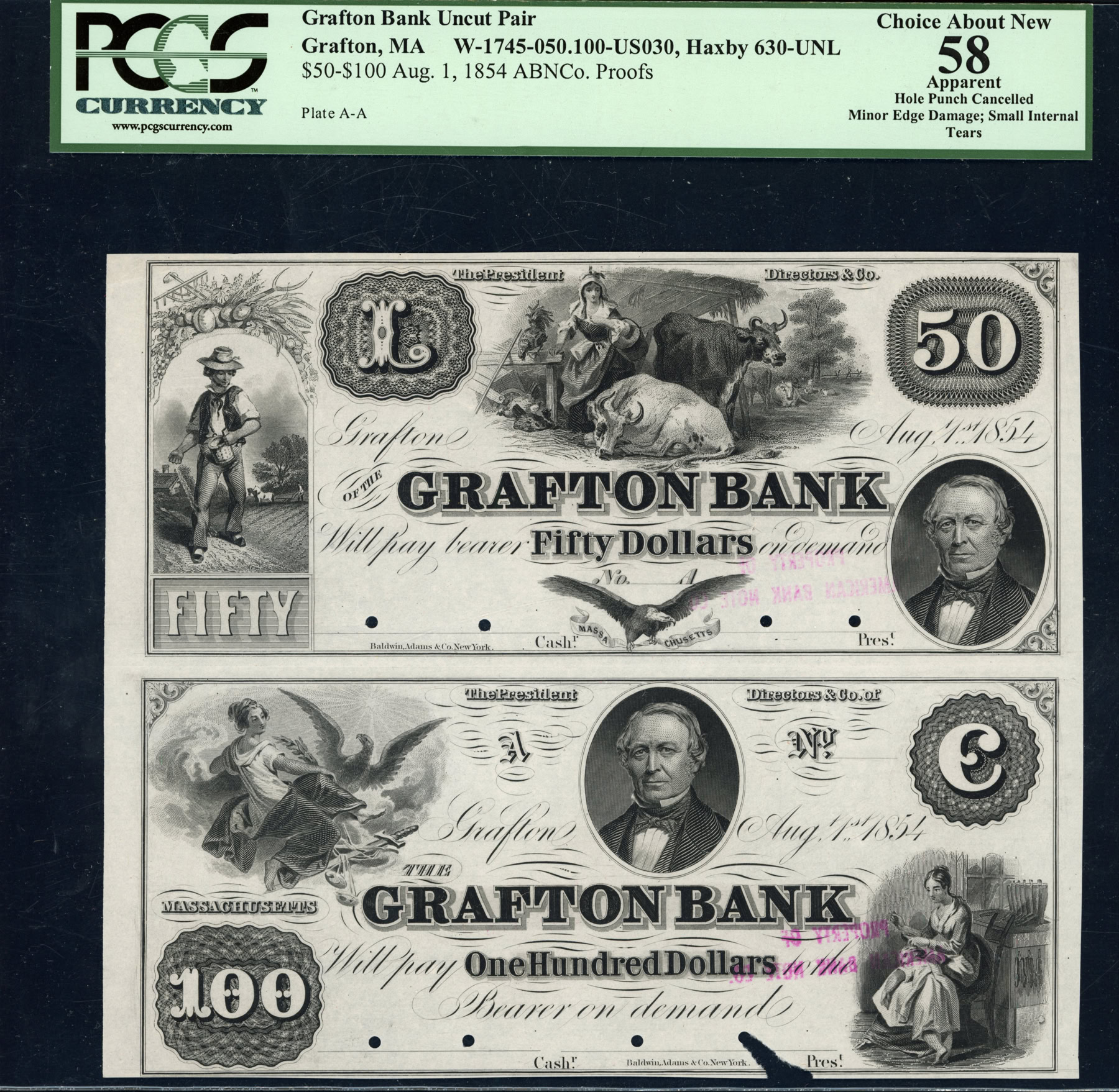 1854 Grafton, Massachusetts Grafton Bank $50-$100 Proof Notes Uncut ...