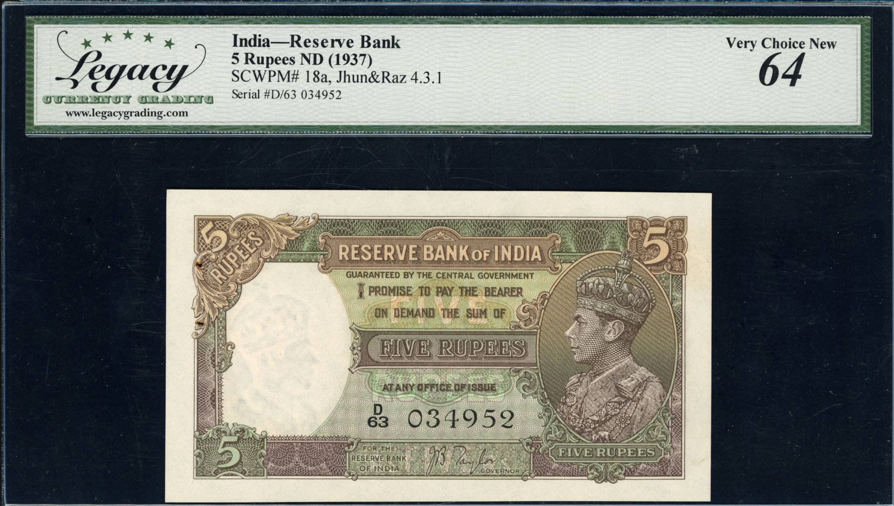 India ND (1937) 5 Rupees Reserve Bank of India Note SCWPM-18a Legacy ...
