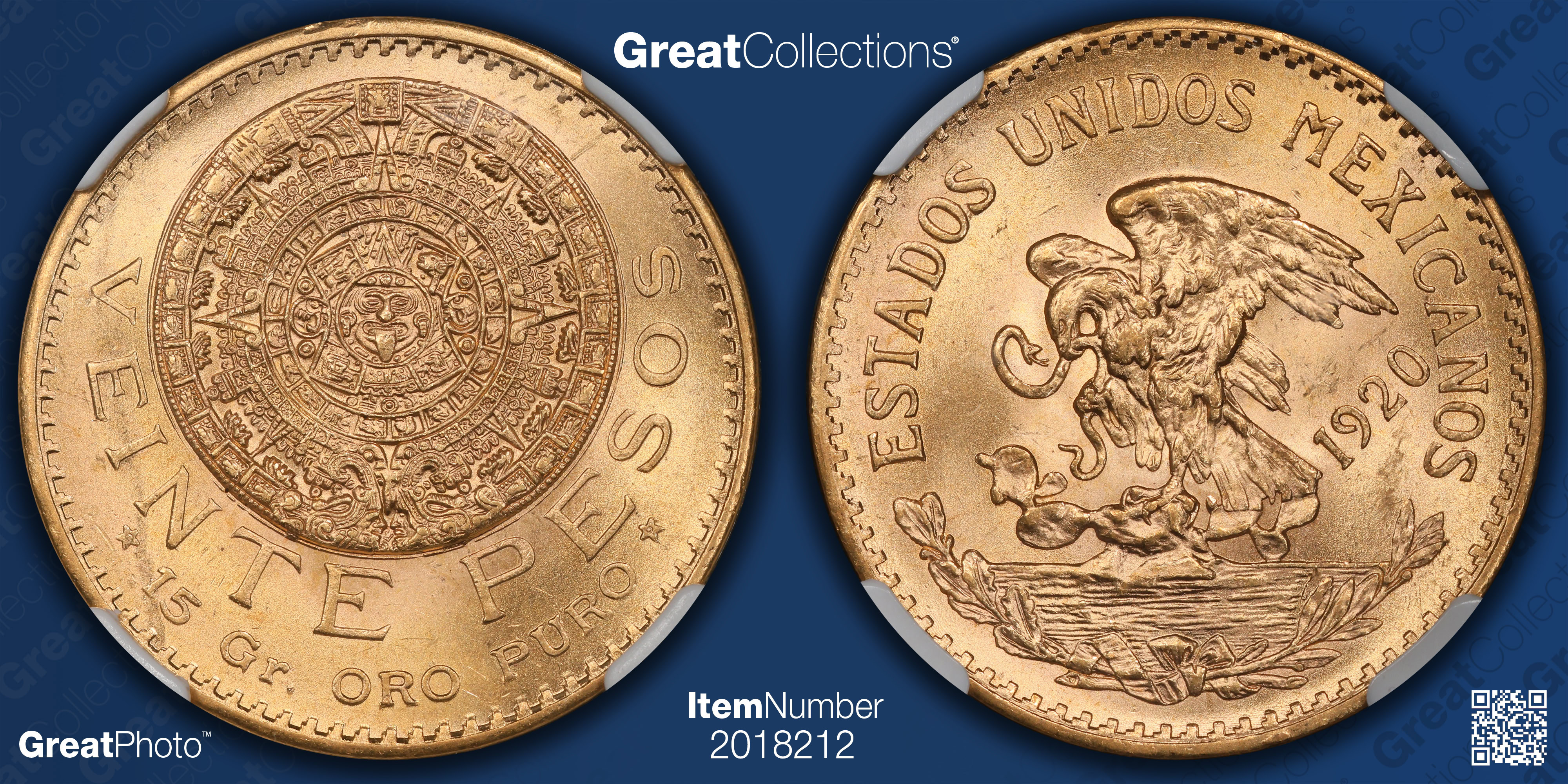Mexico 1920 Gold 20 Pesos KM-478 NGC MS-64 (AGW = 0.4822 oz.) (Item ...