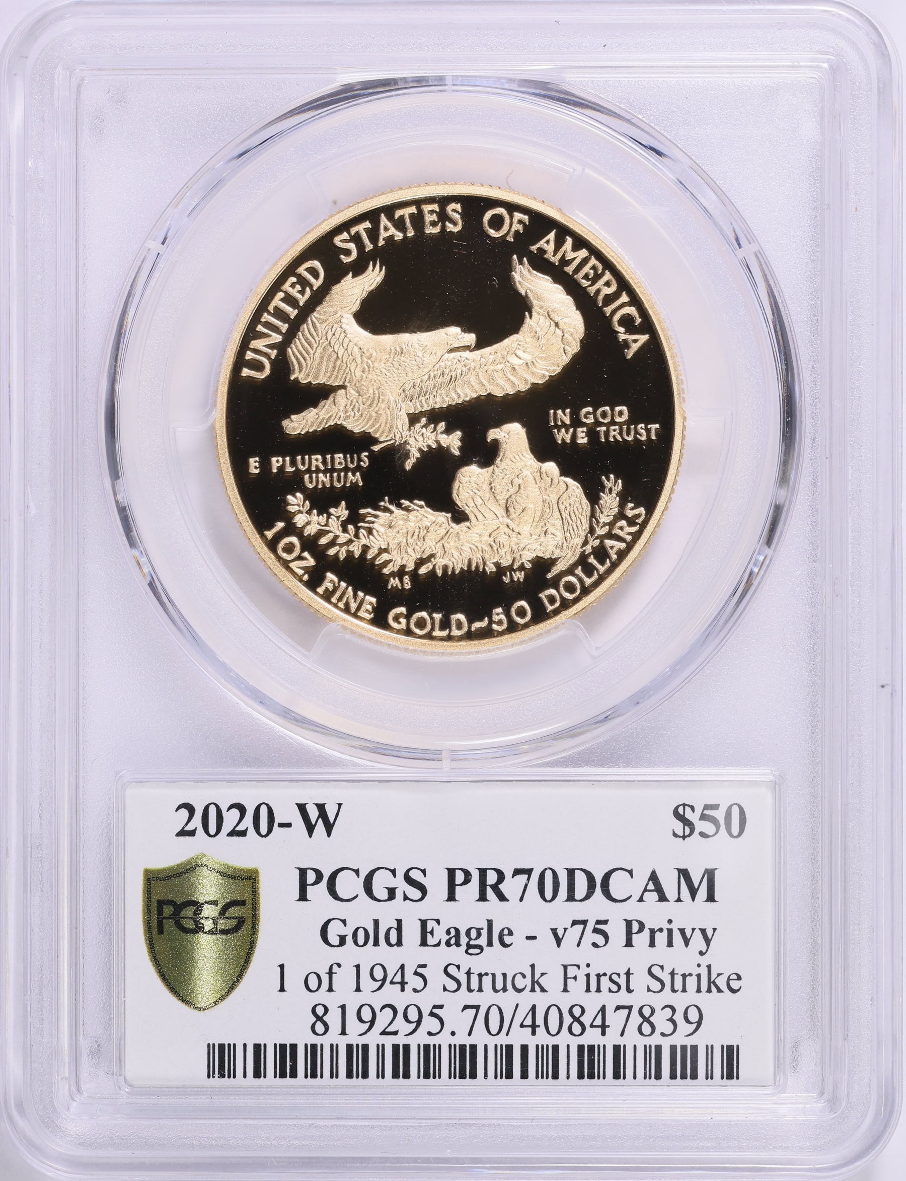 2020-W $50 One-Ounce Gold American Eagle V75 Privy 1 of 1945 Struck ...