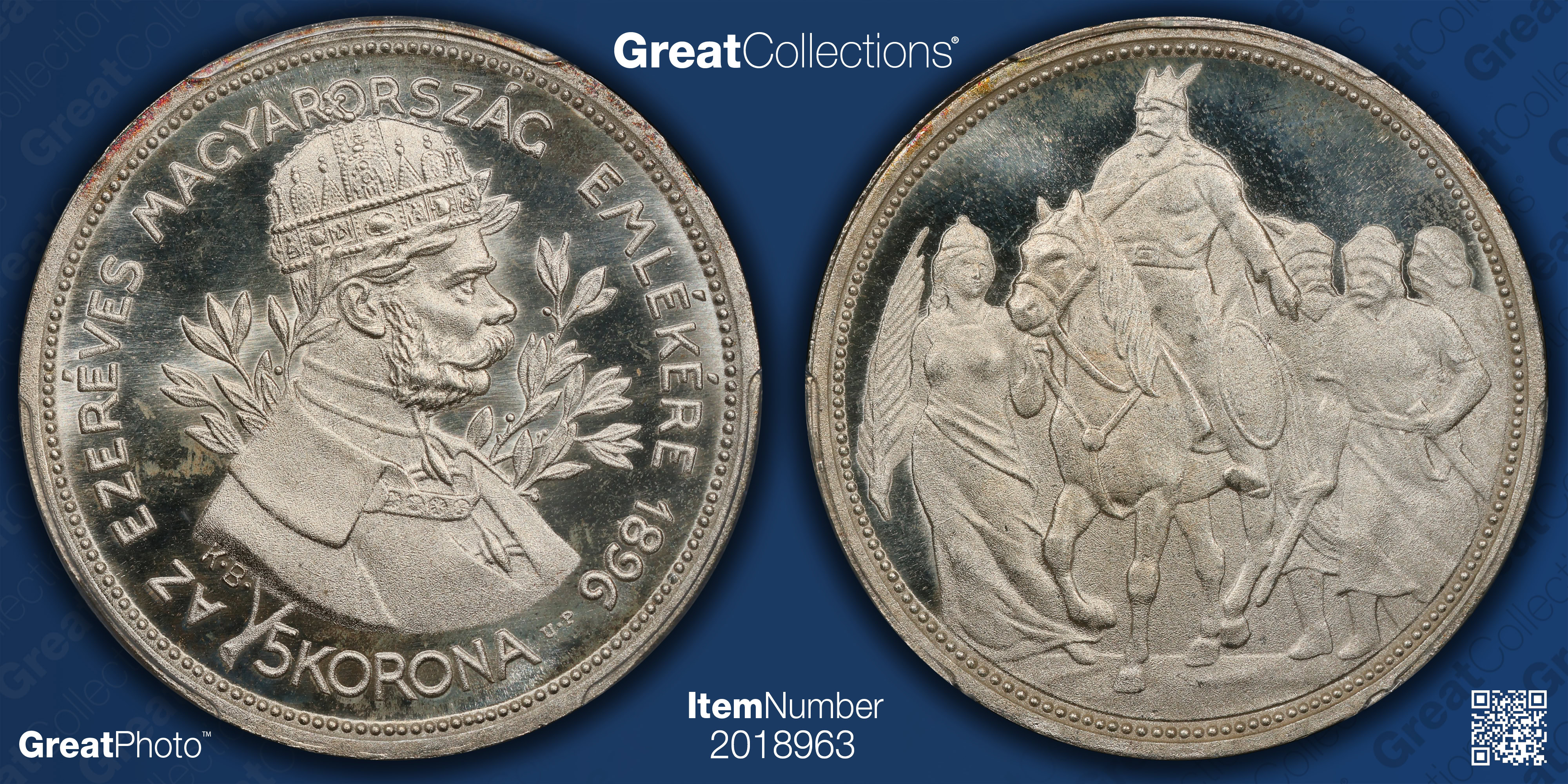 Hungary 1896-KB UP Silver 5 Korona Millennium Commemorative Restrike KM ...