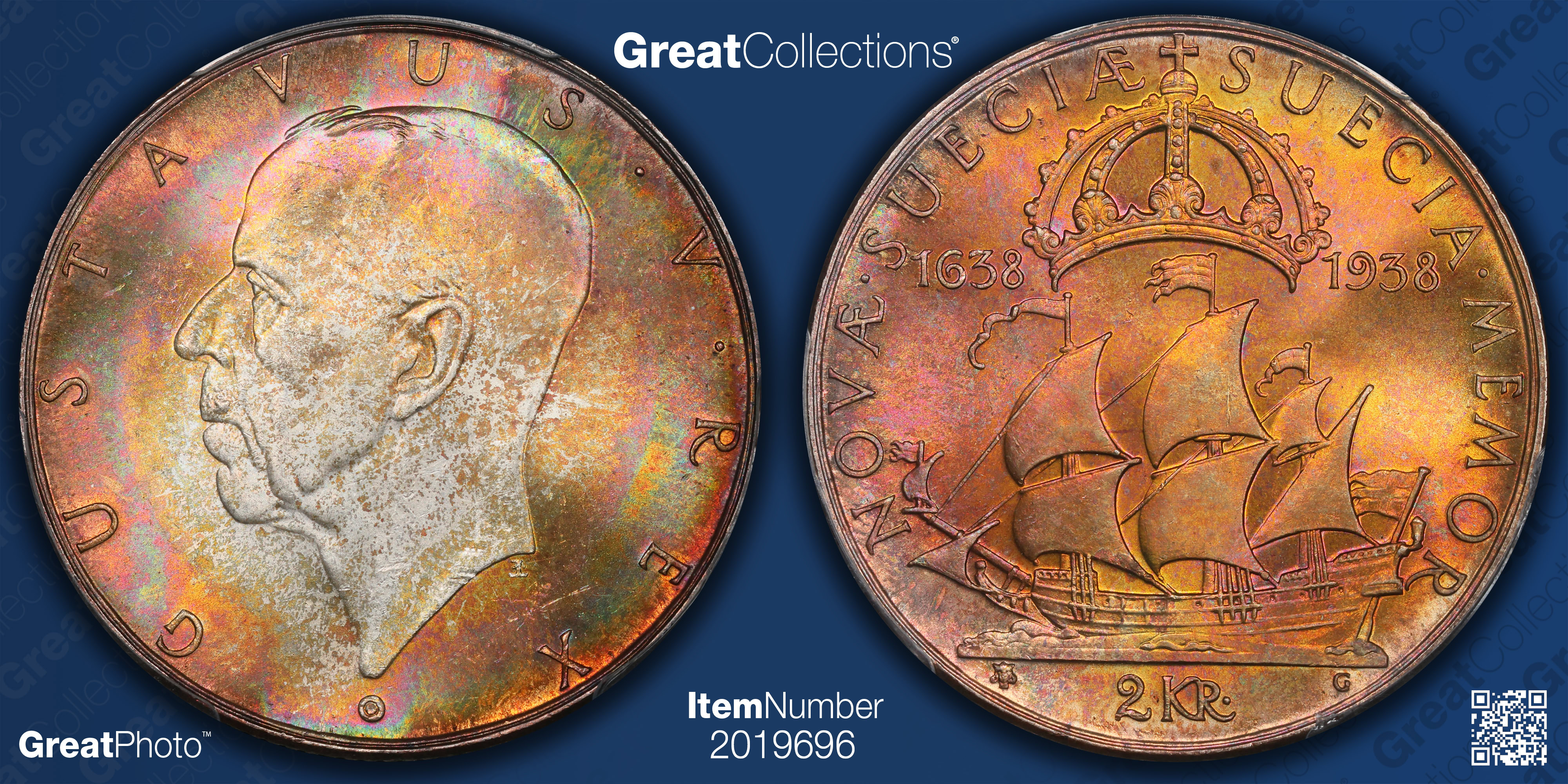 Sweden 1938-G Silver 2 Kronor Settlement of Delaware 300th Anniversary ...