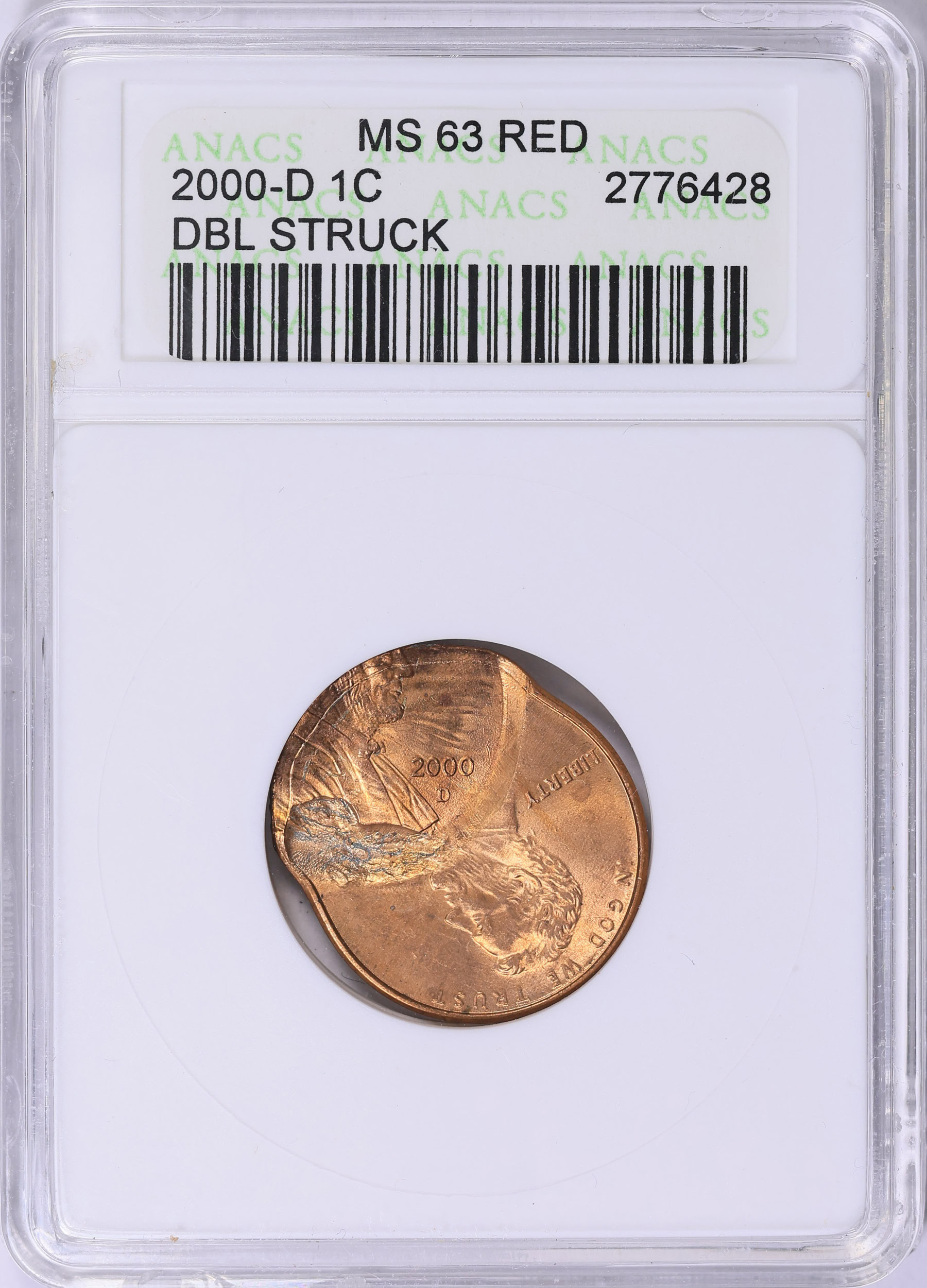 Mint Error 2000-D Lincoln Cent Double Struck ANACS MS-63 RD OH | ANACS ...