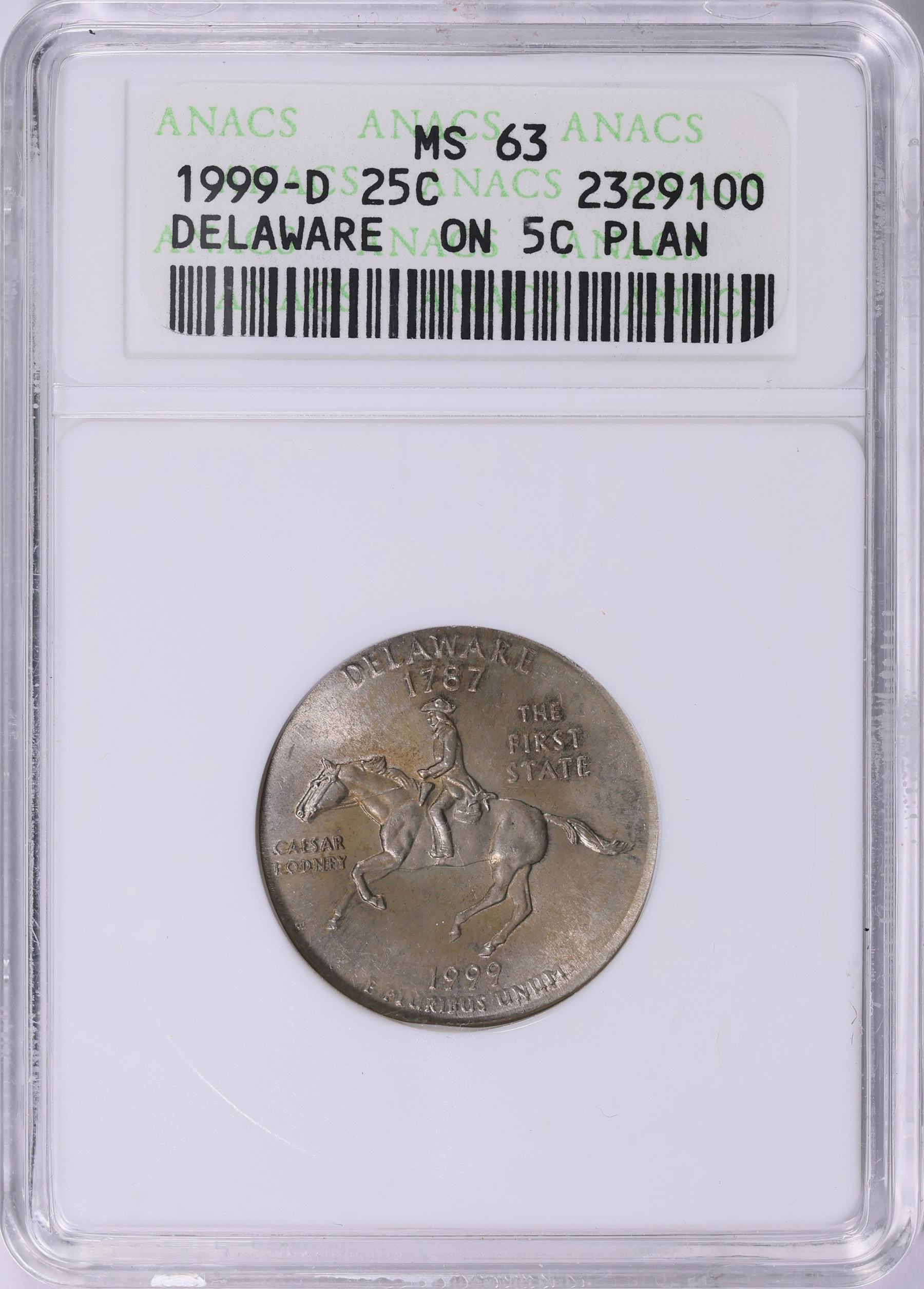 Mint Error 1999-D State Quarter Delaware On 5c Planchet ANACS MS-63 OH ...
