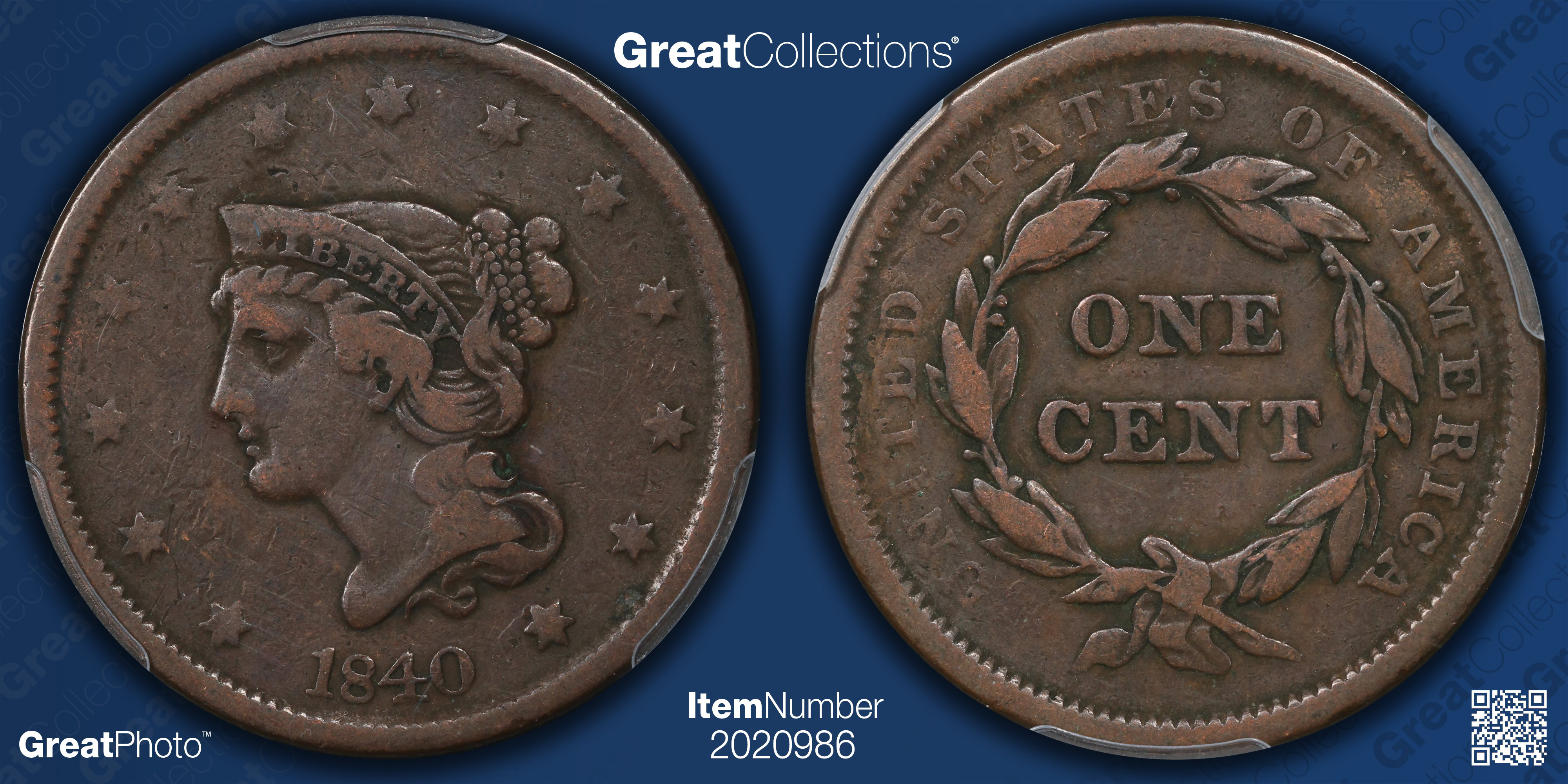 1840 Braided Hair Cent Large Date PCGS F-12 BN (Item 2020986 ...