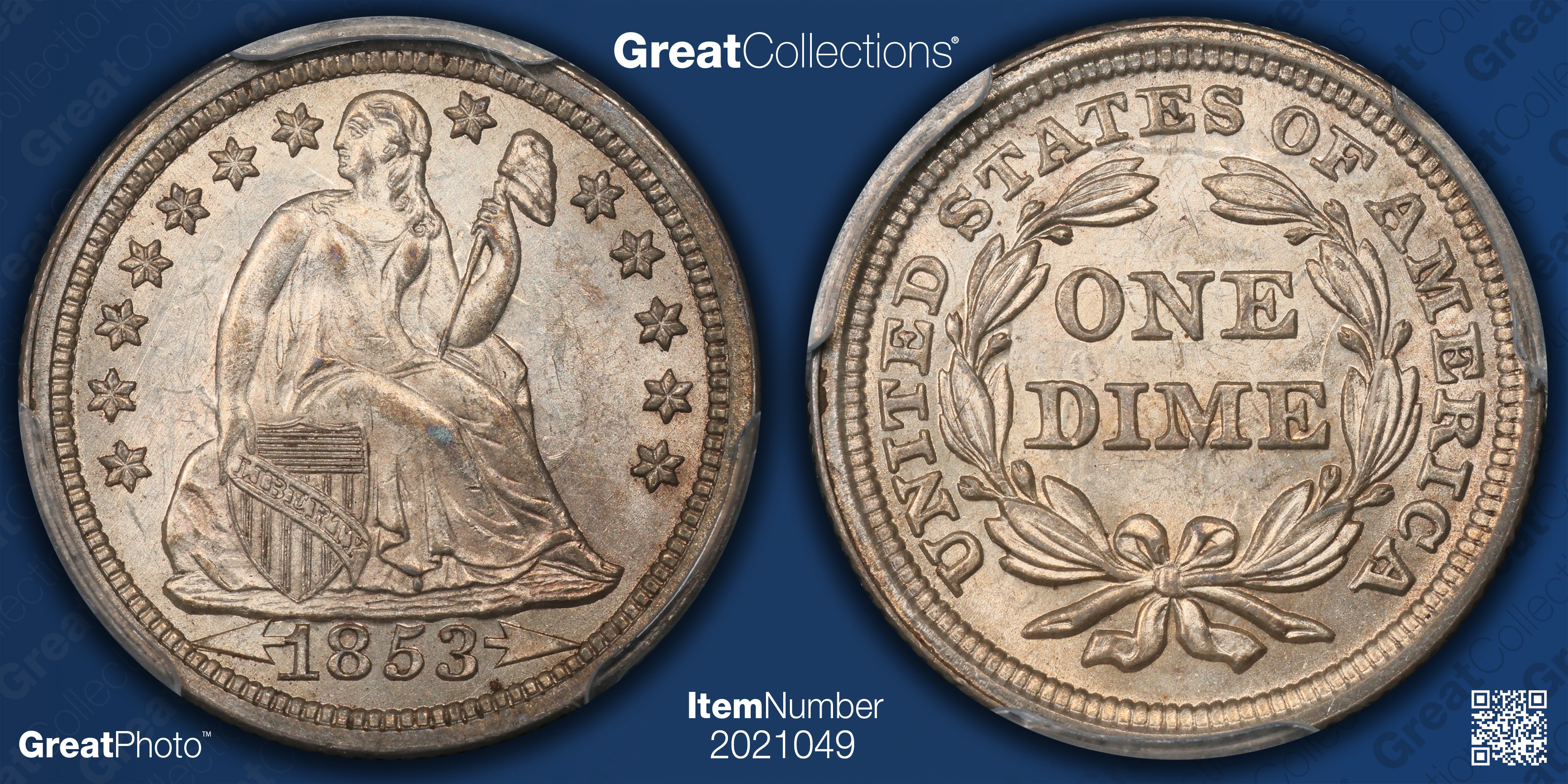 1853 Seated Liberty Dime Arrows PCGS MS-63 (CAC Green) (Item 2021049 ...