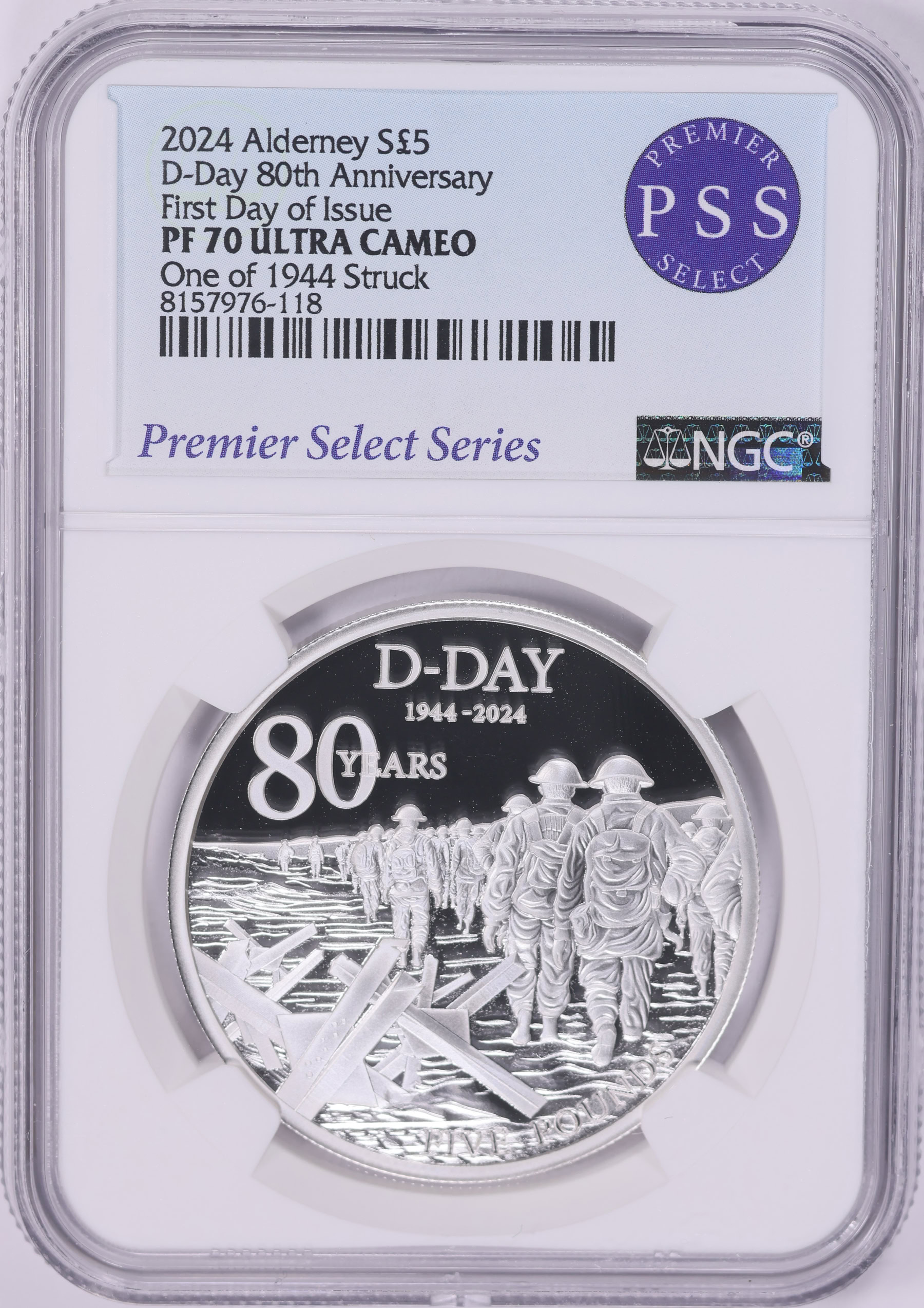 Alderney 2024 Silver £5 D-Day 80th Anniversary First Day of Issue NGC ...