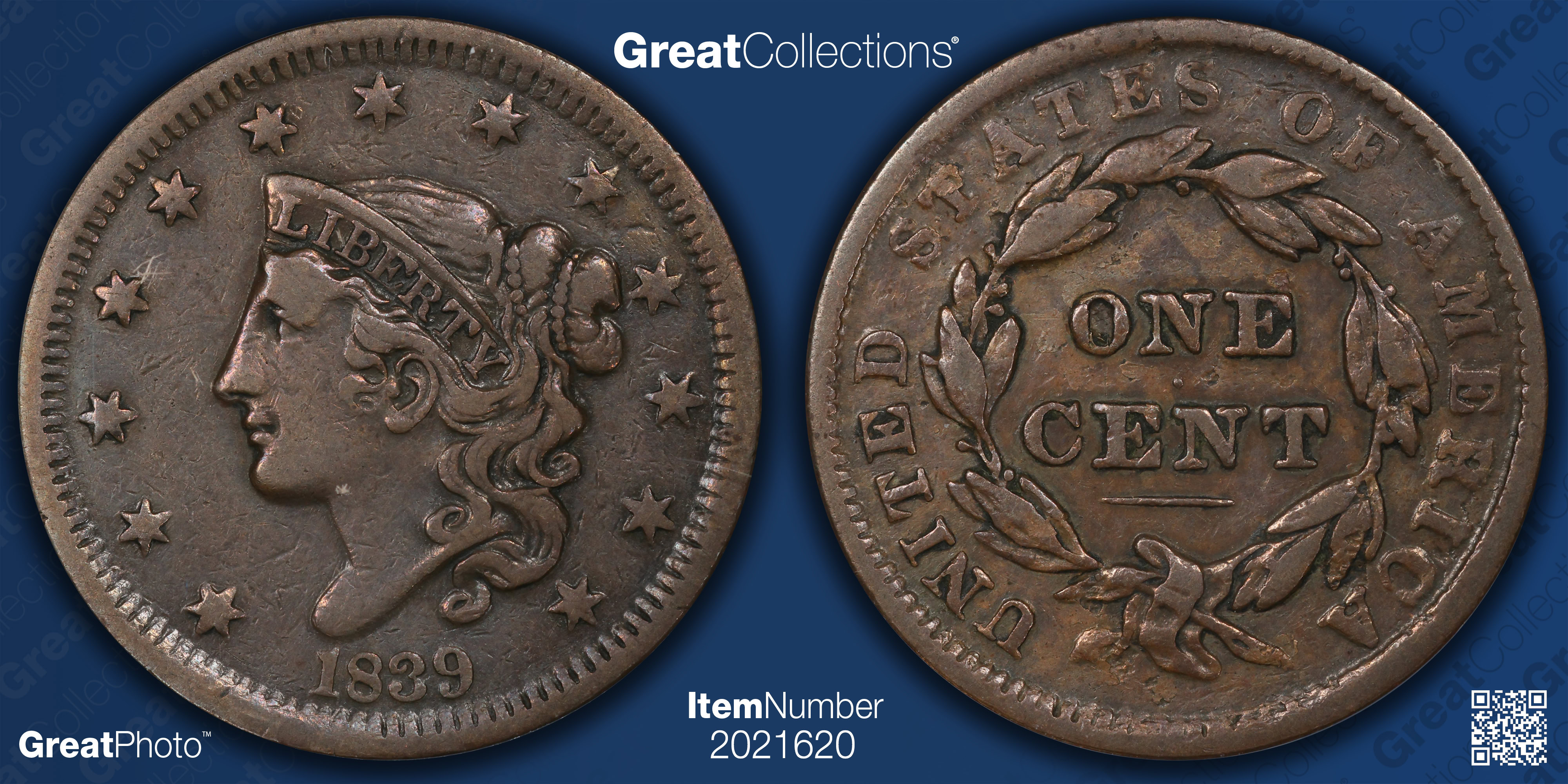 1839 Matron Cent N-2 Head of 1838 Coronet ANACS VF-30 BN (Item 2021620 ...