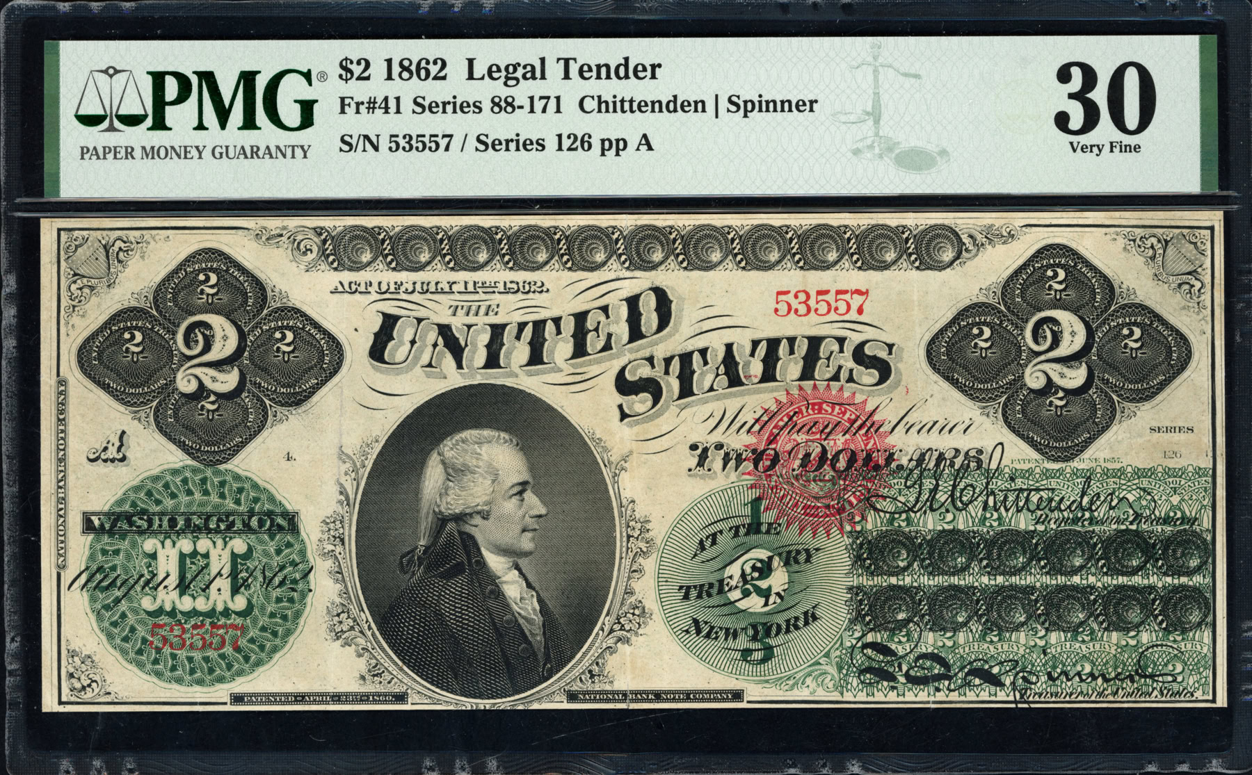 Fr. 41 1862 $2 Legal Tender Note Series 126 Chittenden / Spinner PMG ...