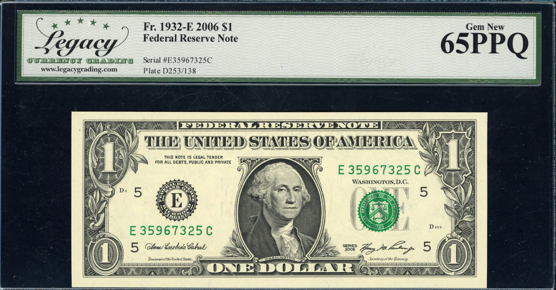 Fr. 1932-E (EC Block) 2006 $1 Richmond Federal Reserve Note Cabral ...