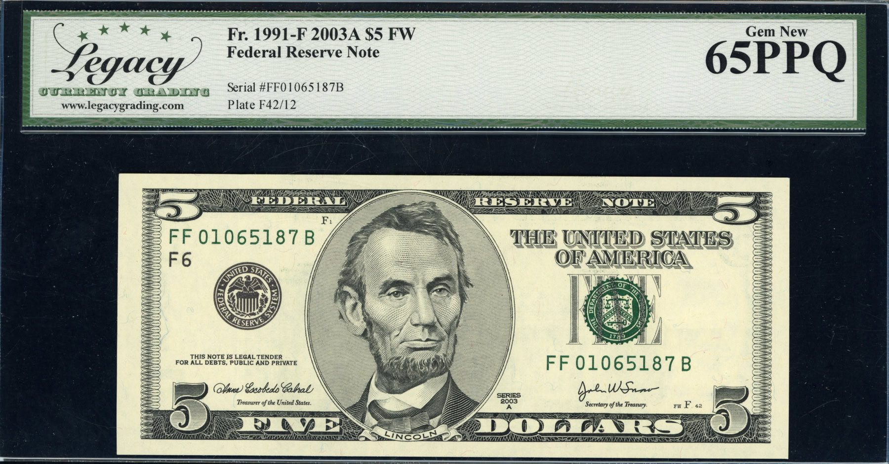 Fr. 1991-F (FFB Block) 2003A $5 Atlanta Federal Reserve Note Cabral ...