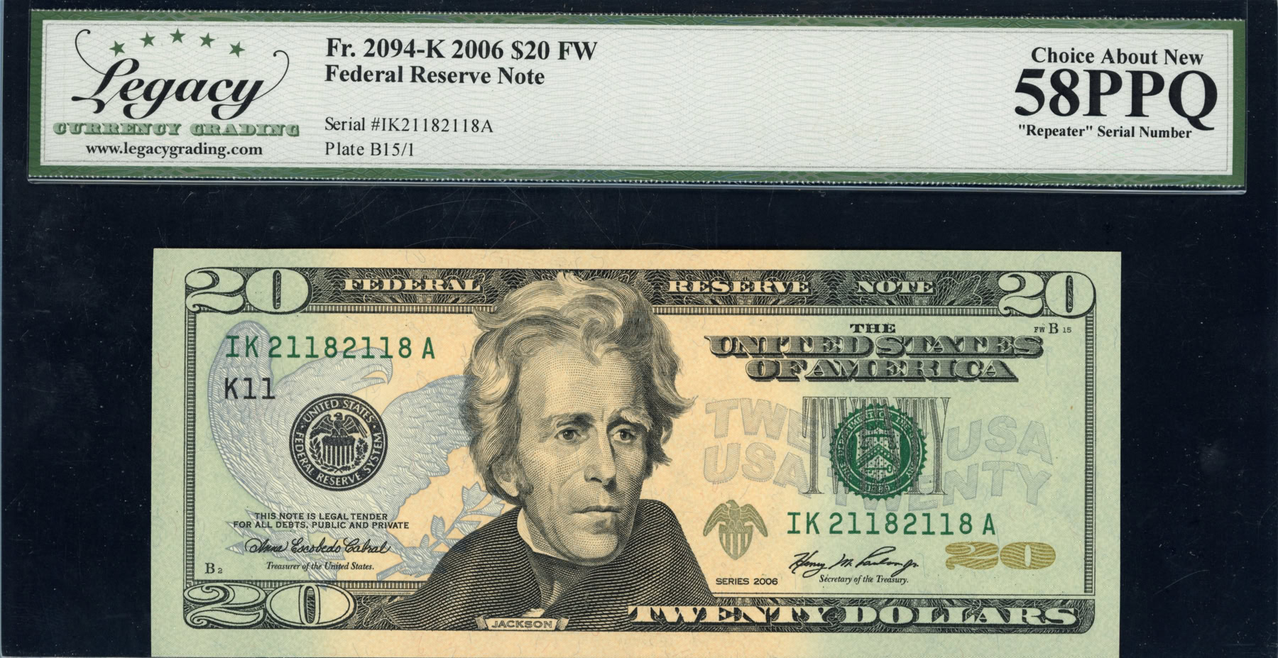 Fr. 2094-K (IKA Block) 2006 $20 Dallas Federal Reserve Note *Repeater ...