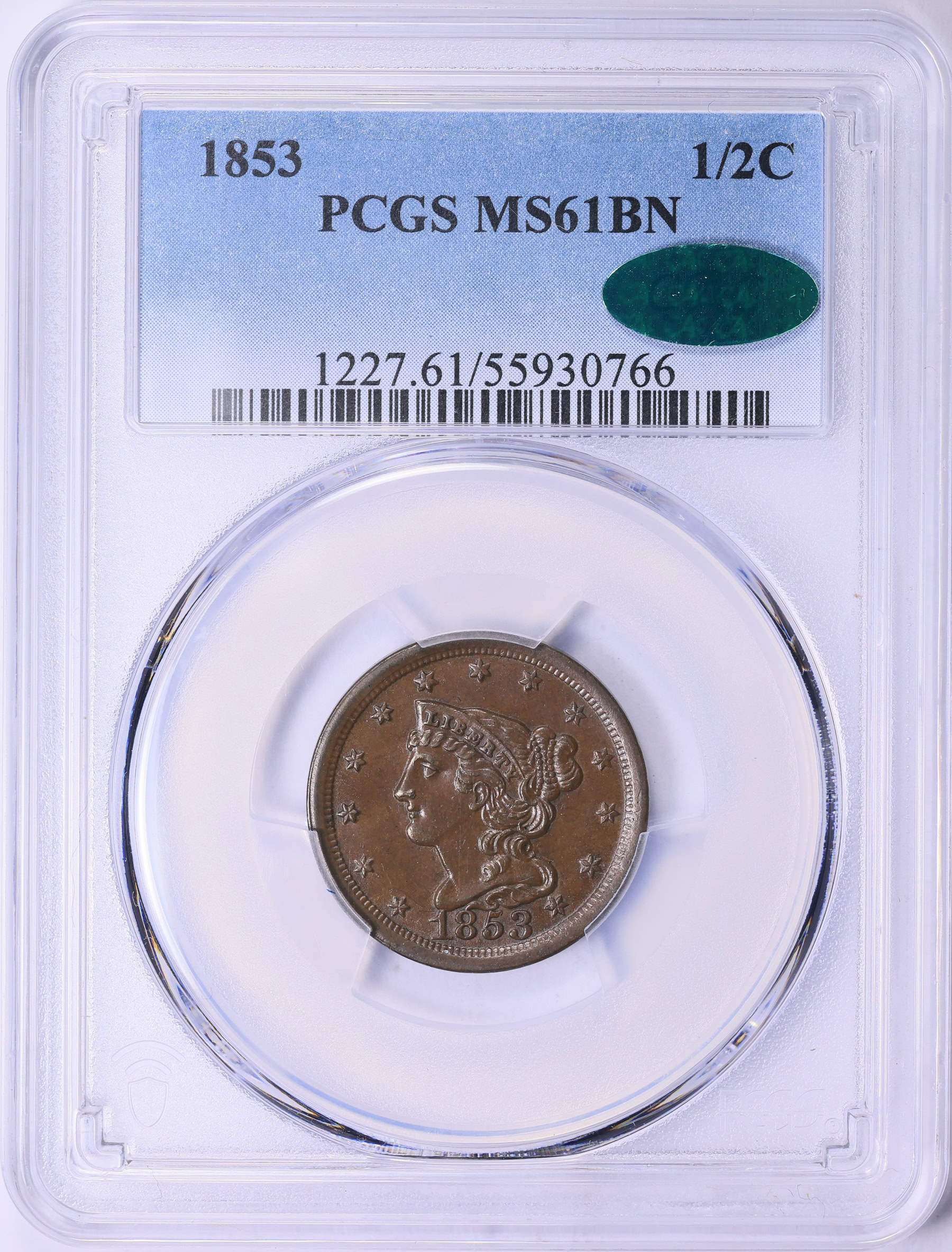 1853 Braided Hair Half Cent PCGS MS-61 BN (CAC Green) (Item 2022707 ...