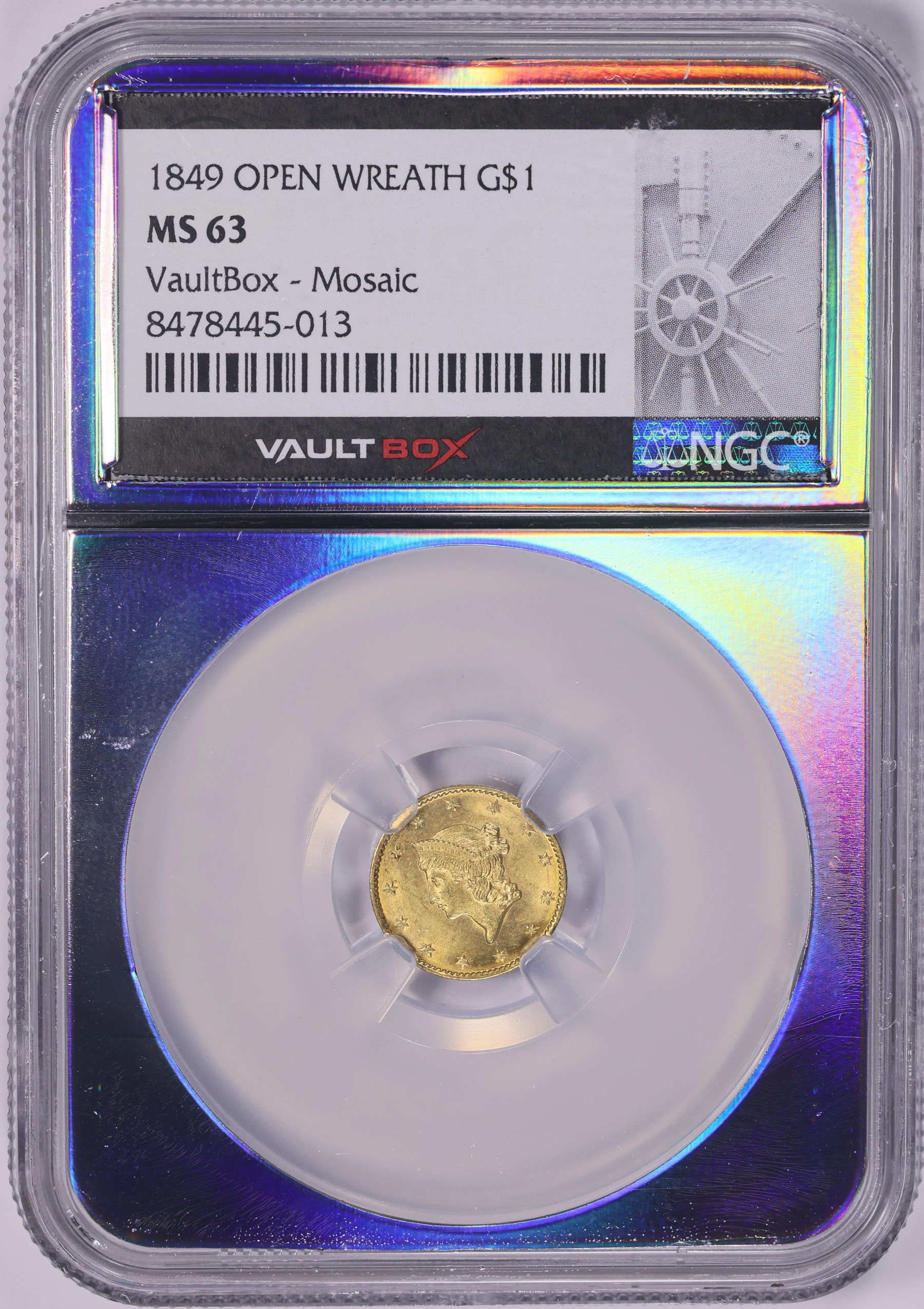 1849 Liberty Gold Dollar Open Wreath NGC MS-63 (VaultBox Mosaic Holo ...