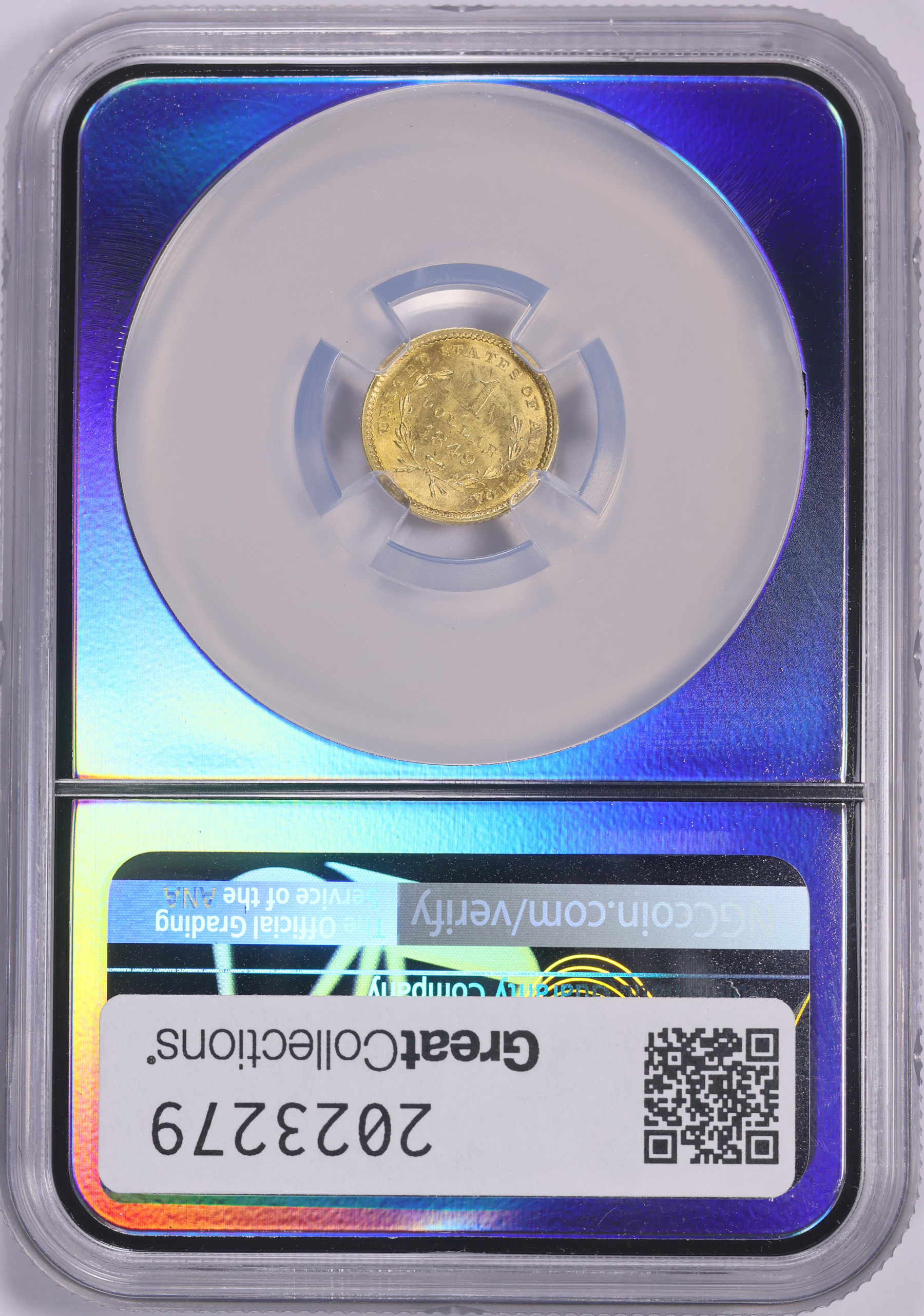 1849 Liberty Gold Dollar Open Wreath NGC MS-63 (VaultBox Mosaic Holo ...
