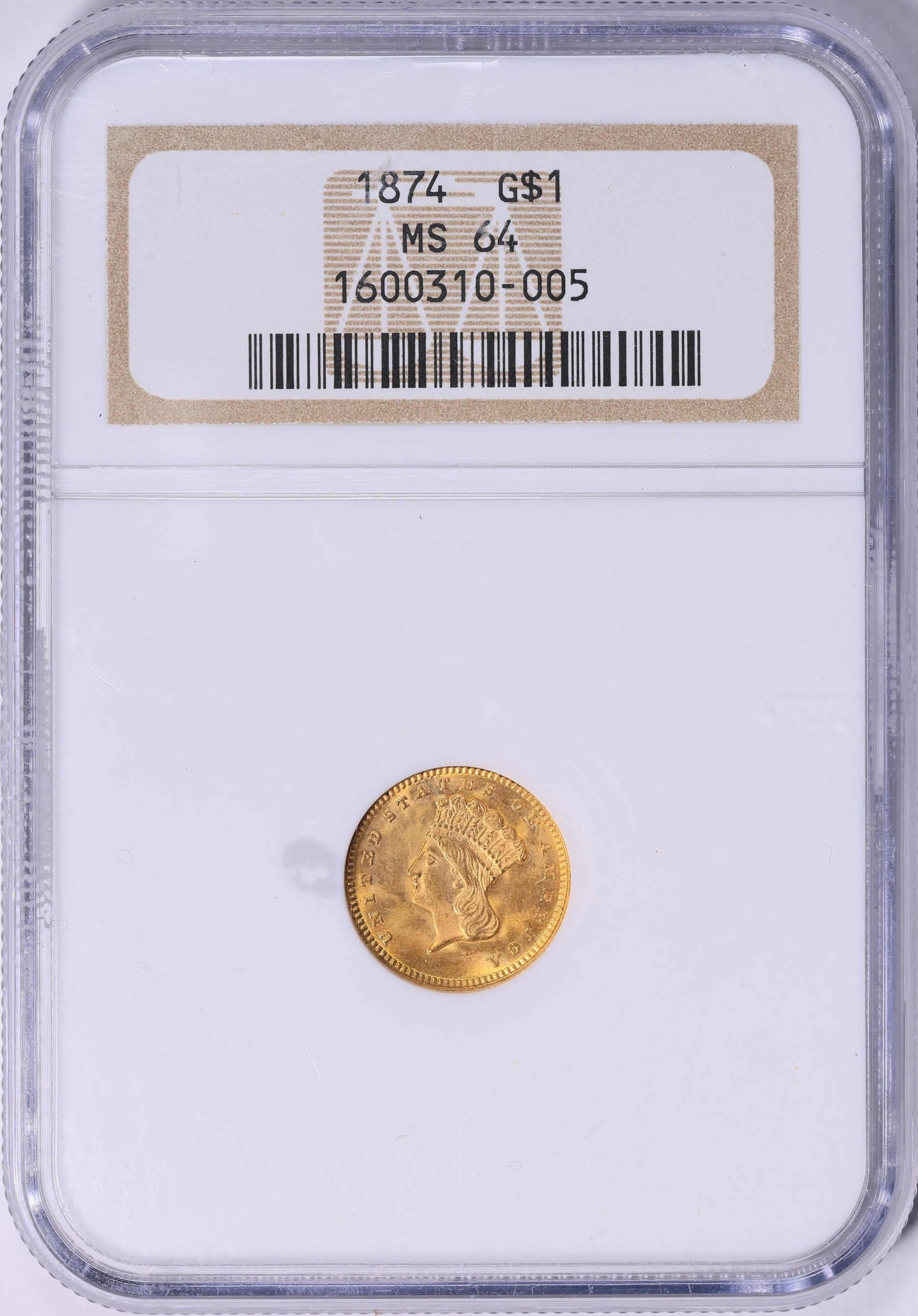 1874 Indian Princess Gold Dollar NGC MS-64 (Item 2023291 ...