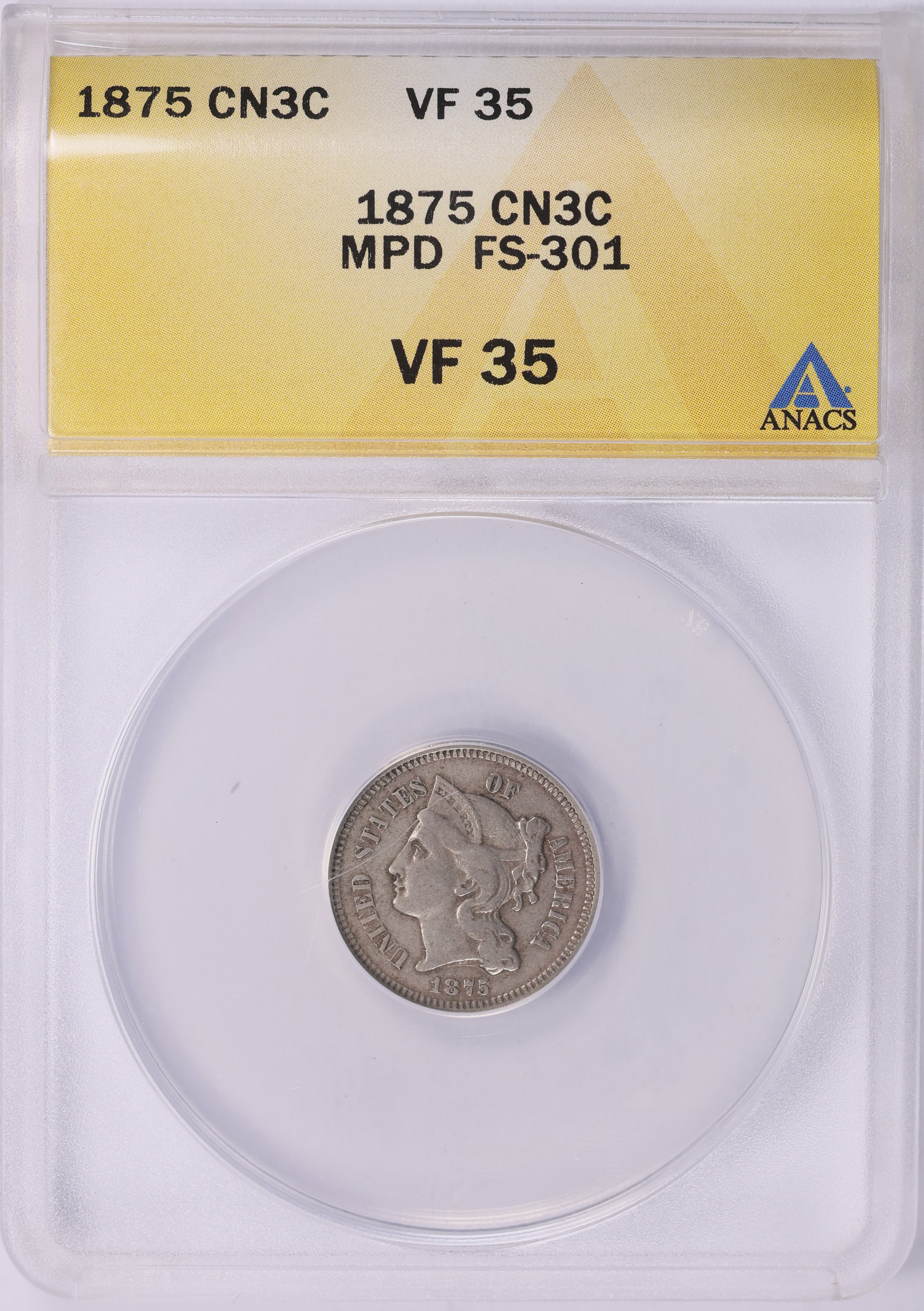 1875 Nickel Three-Cent Piece Misplaced Digit FS-301 ANACS VF-35 (Item ...