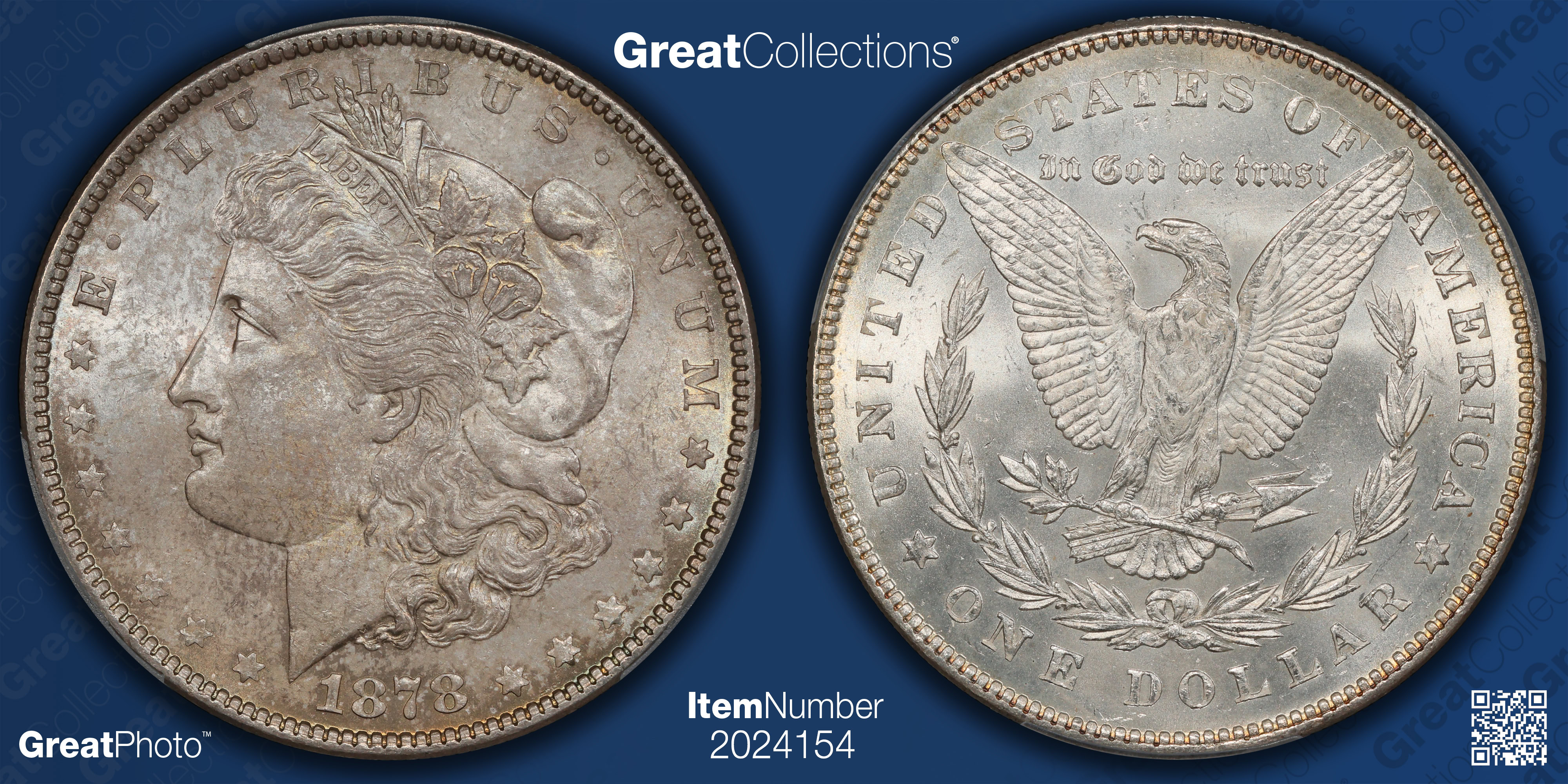 1878 Morgan Silver Dollar 7 Tailfeathers, Reverse of 1878 PCGS MS-63 ...