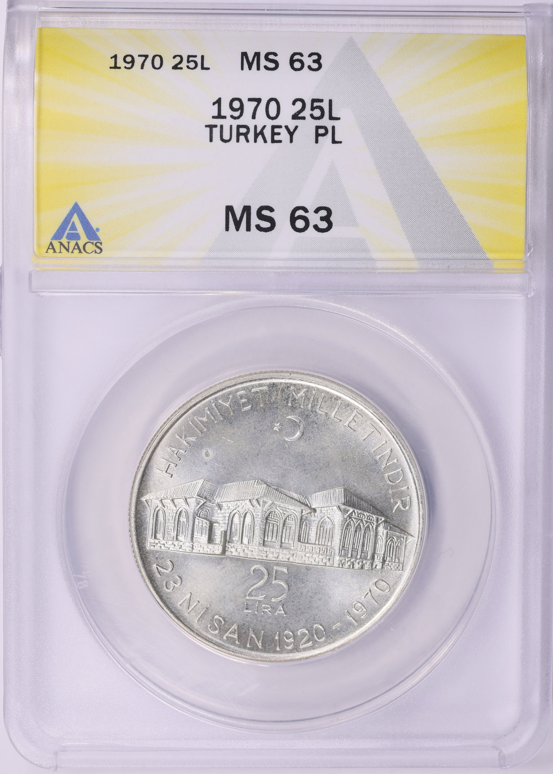 Turkey 1970 Silver 25 Lira National Assembly in Ankara 50th Anniversary ...