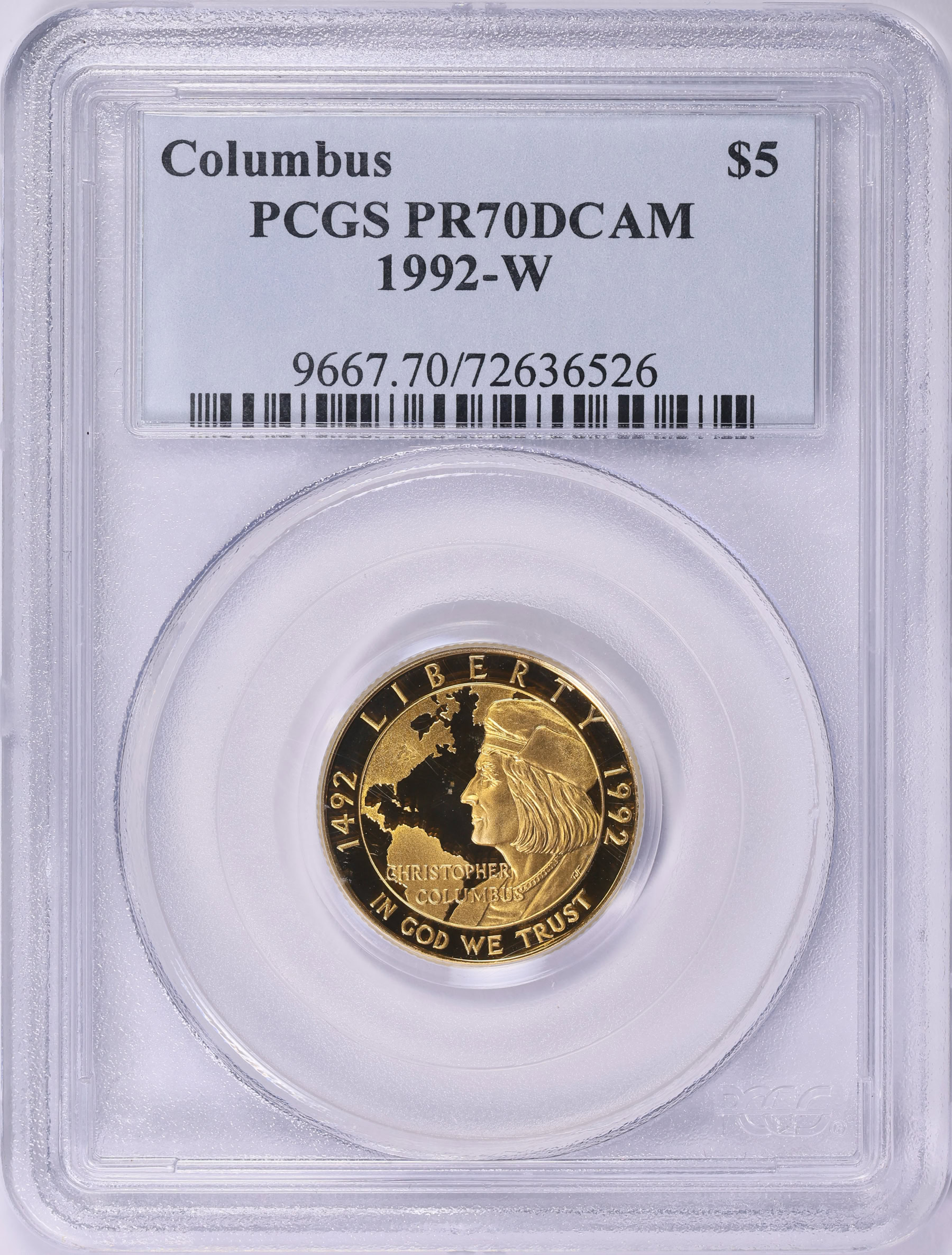 1992-W Christopher Columbus Quincentenary Gold $5 PCGS Proof-70 DCAM ...