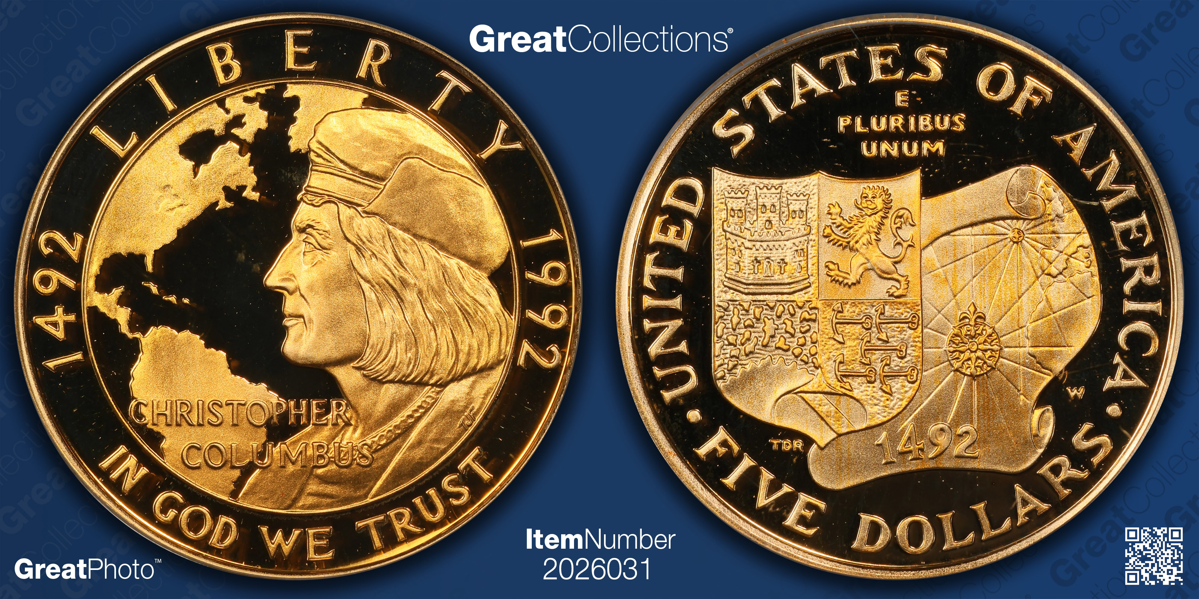 1992-W Christopher Columbus Quincentenary Gold $5 PCGS Proof-70 DCAM ...