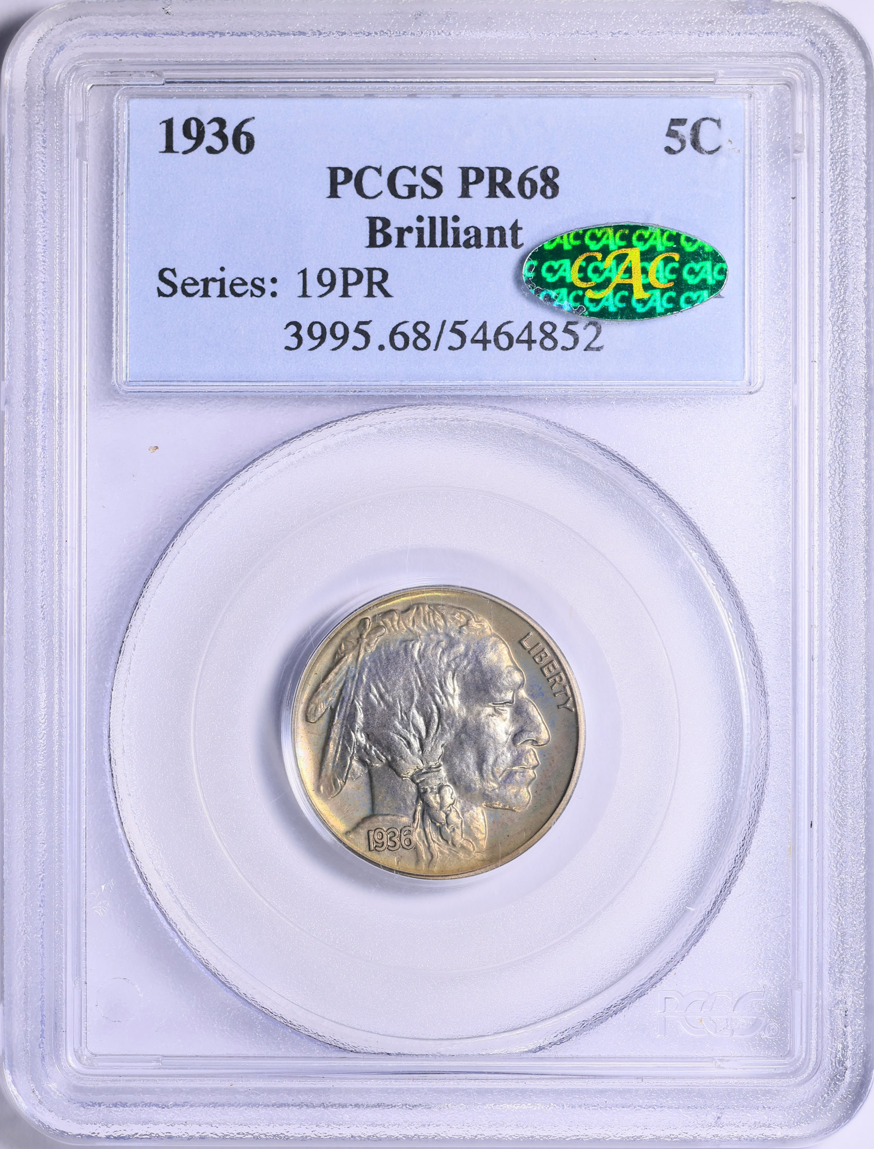 1936 Buffalo Nickel Type 2 Brilliant PCGS Proof-68 (CAC Green) (Toned ...