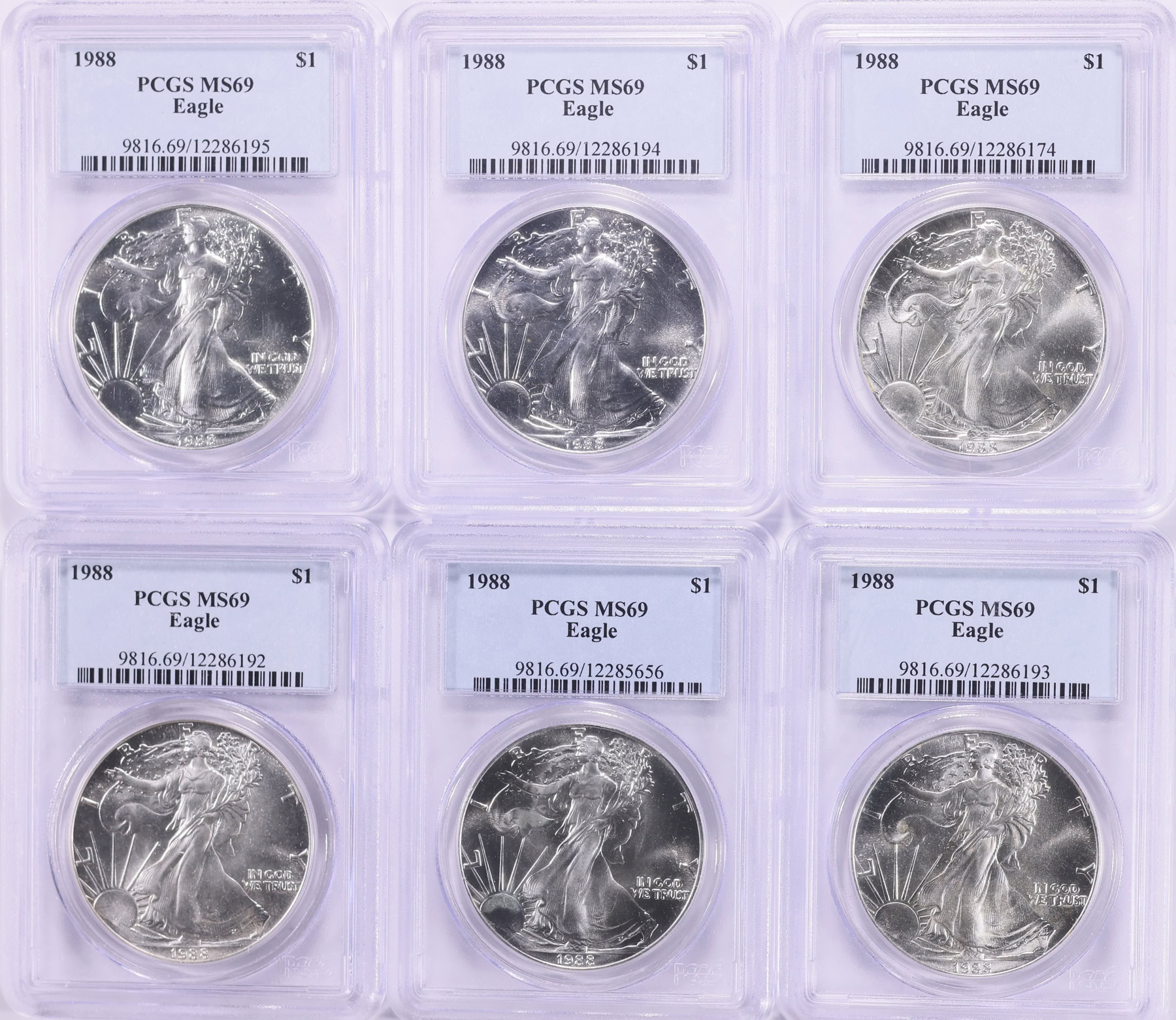 1988 $1 Silver Eagle PCGS MS-69 (6 Coins) (Item 2026209 ...