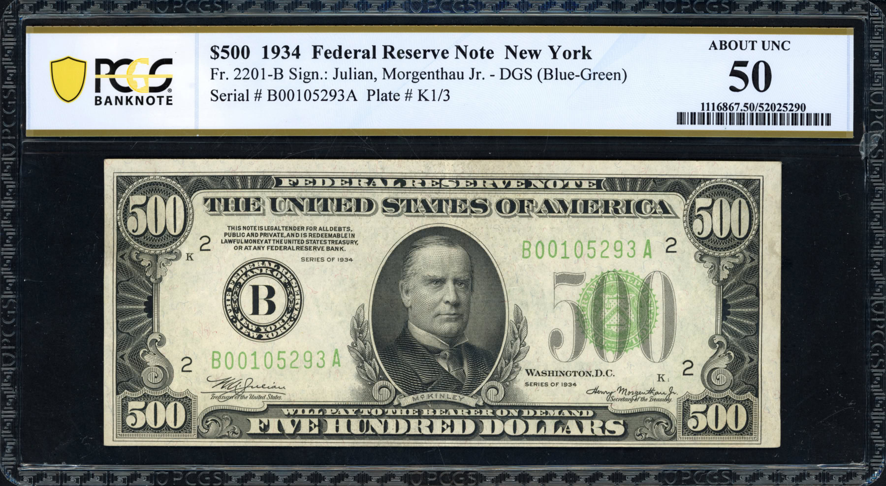 Fr. 2201-Bdgs Dark Green (BA Block) 1934 $500 New York Federal Reserve ...
