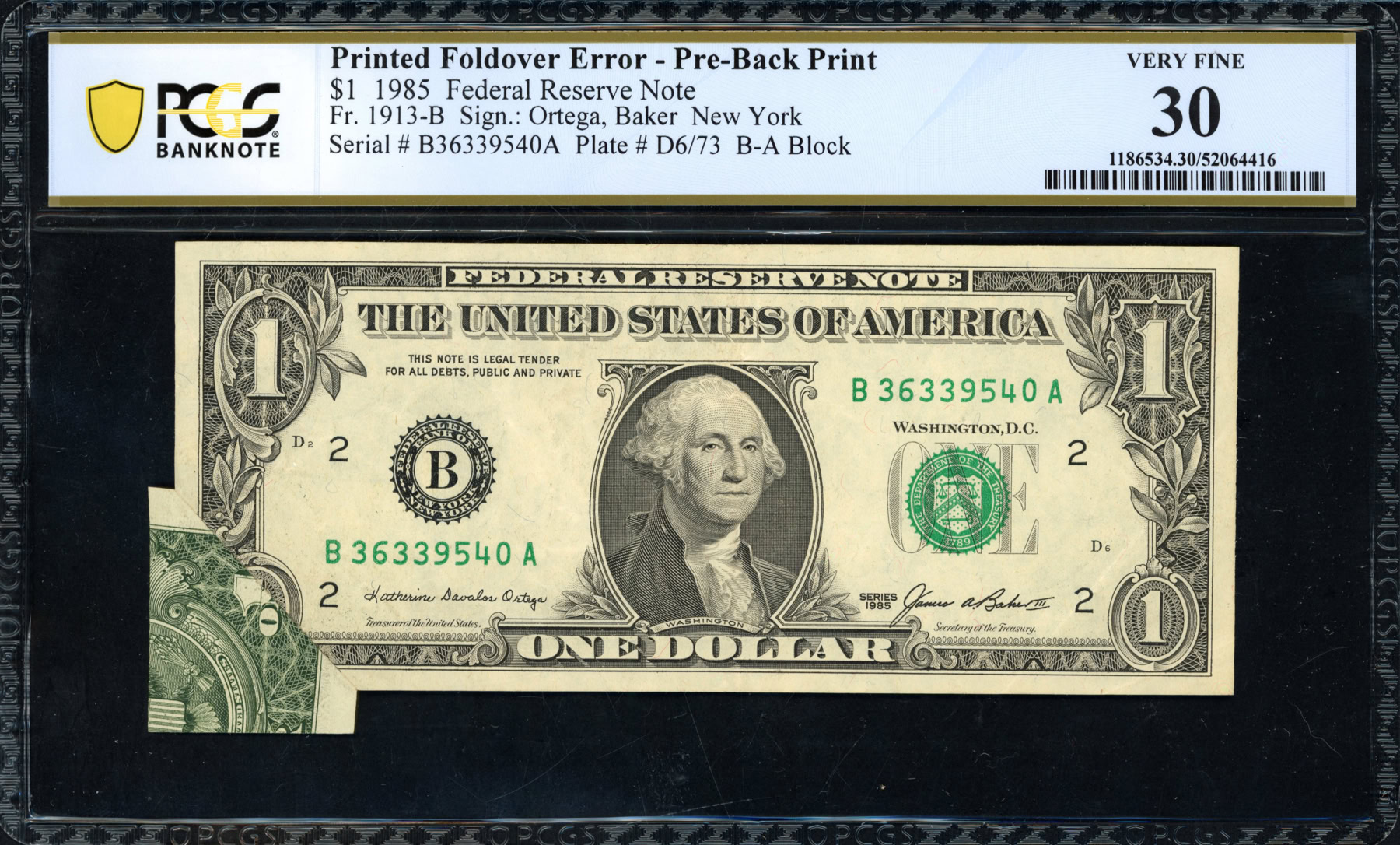 Fr. 1913-B (BA Block) 1985 $1 New York Federal Reserve Error Note ...