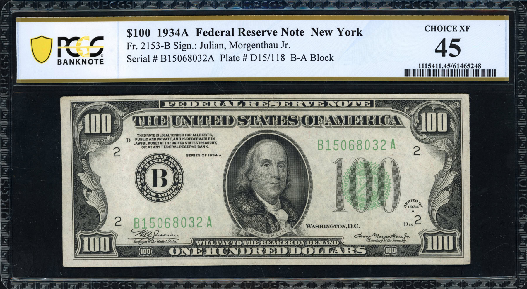 Fr. 2153-B (BA Block) 1934A $100 New York Federal Reserve Note Julian ...