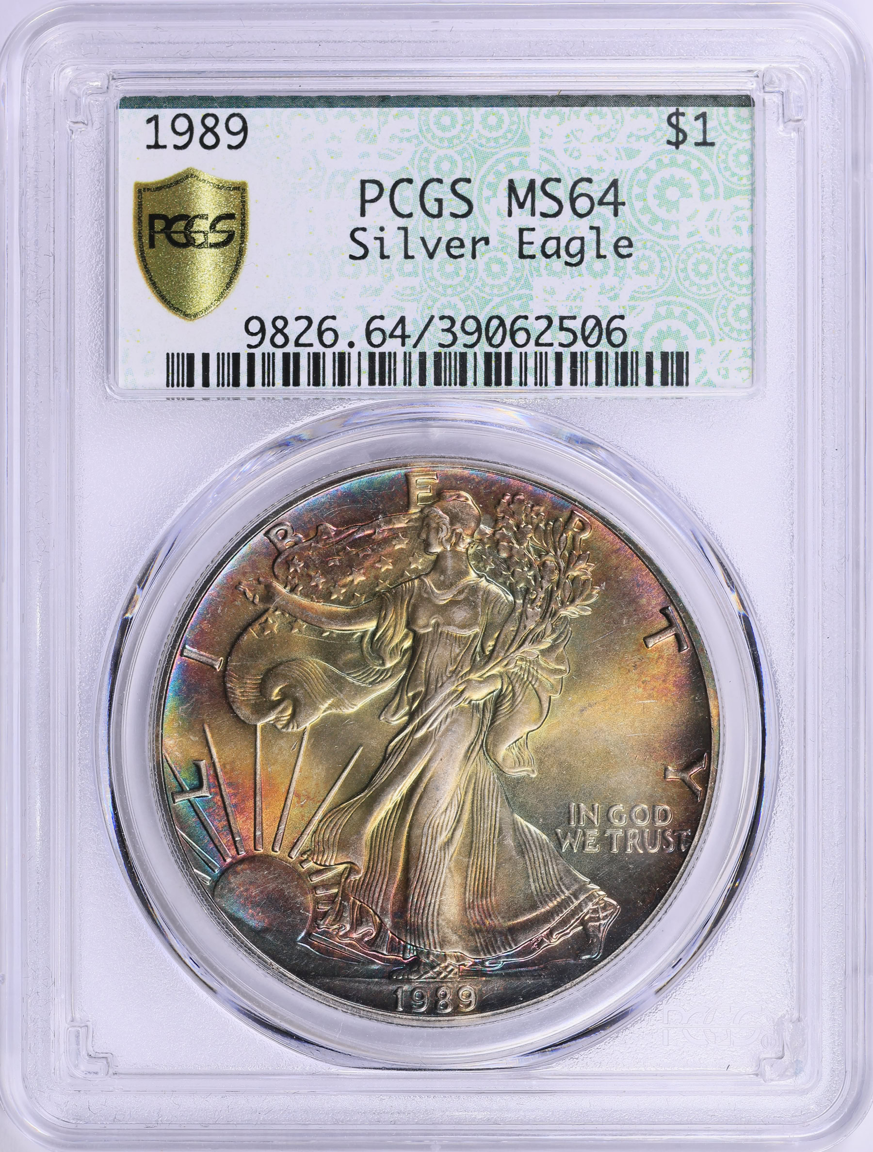 1989 $1 Silver Eagle PCGS MS-64 (Green Doily Retro Label) (Toned) (Item ...