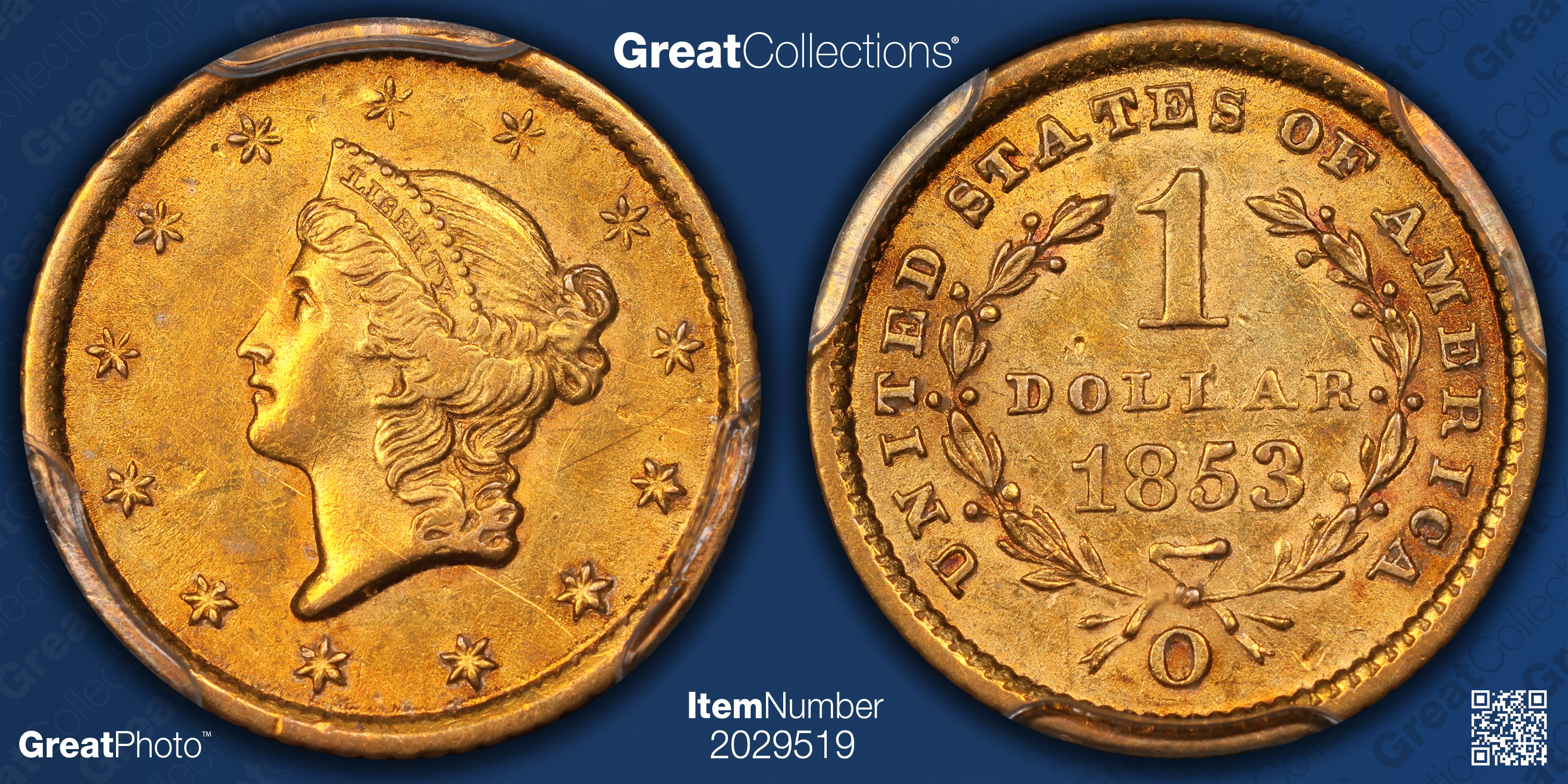1853-O Liberty Gold Dollar PCGS AU-53 (Item 2029519) | GreatCollections ...