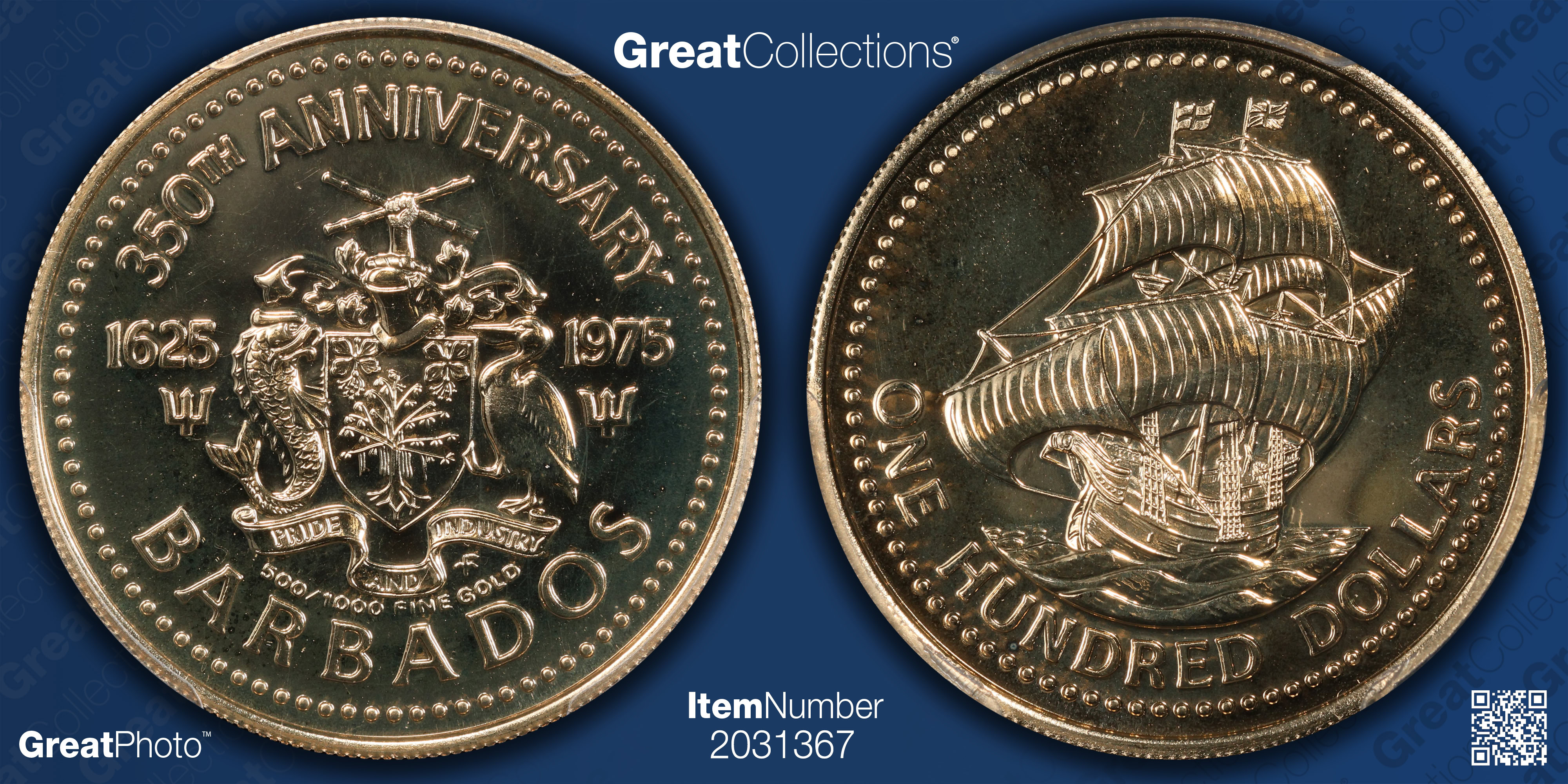 Barbados 1975-FM Gold $100 350th Anniversary - The English Ship KM-18 ...