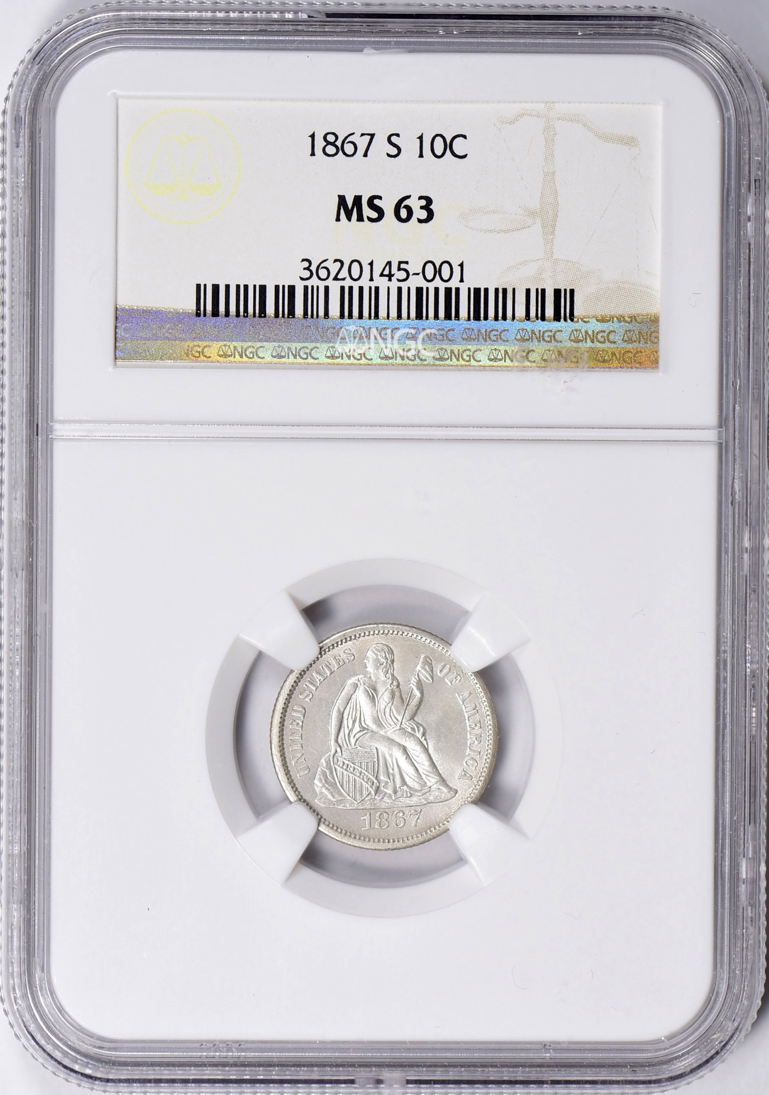 1867-S Seated Liberty Dime NGC MS-63 (Item 2031754) | GreatCollections ...