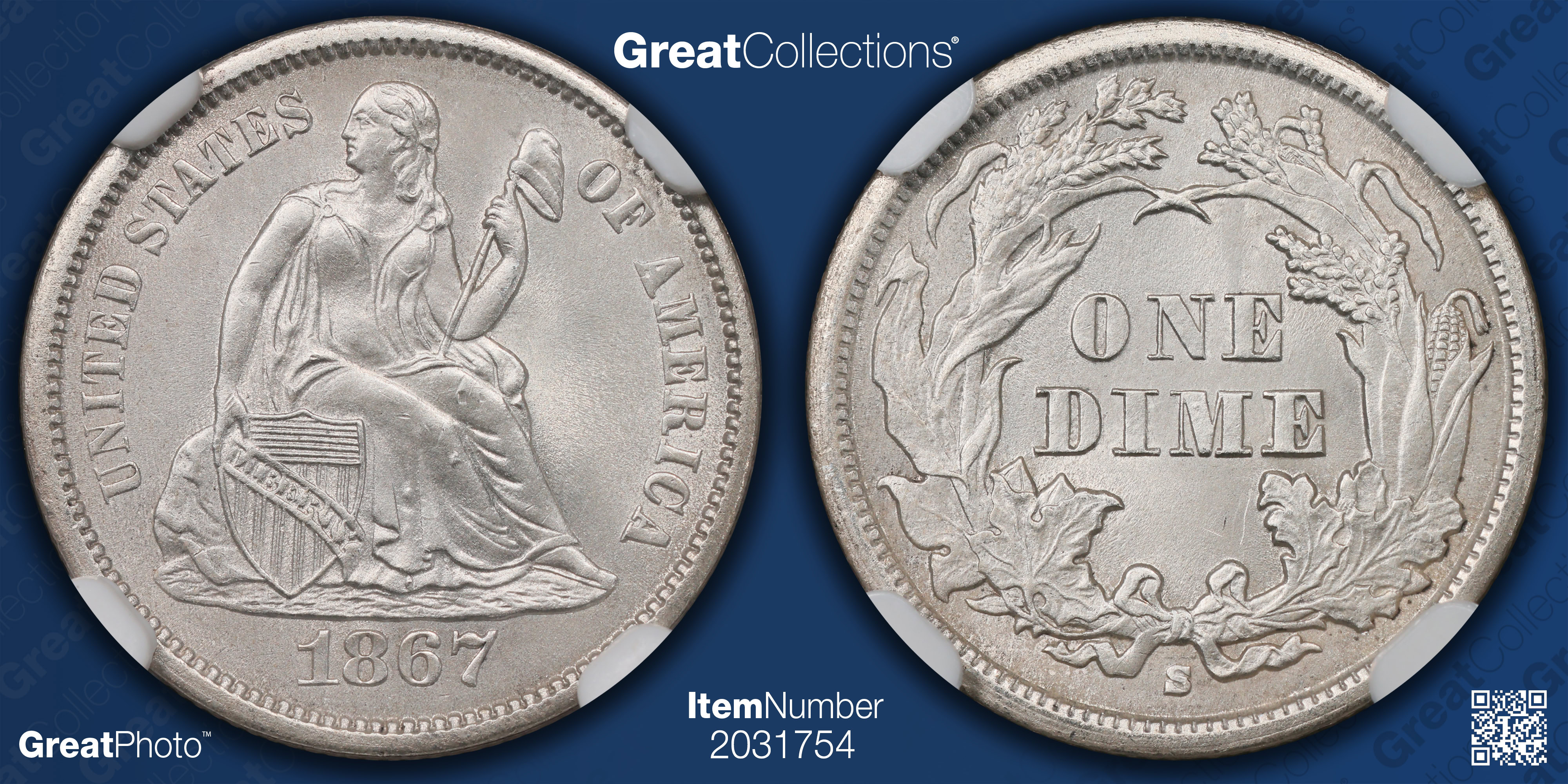 1867-S Seated Liberty Dime NGC MS-63 (Item 2031754) | GreatCollections ...