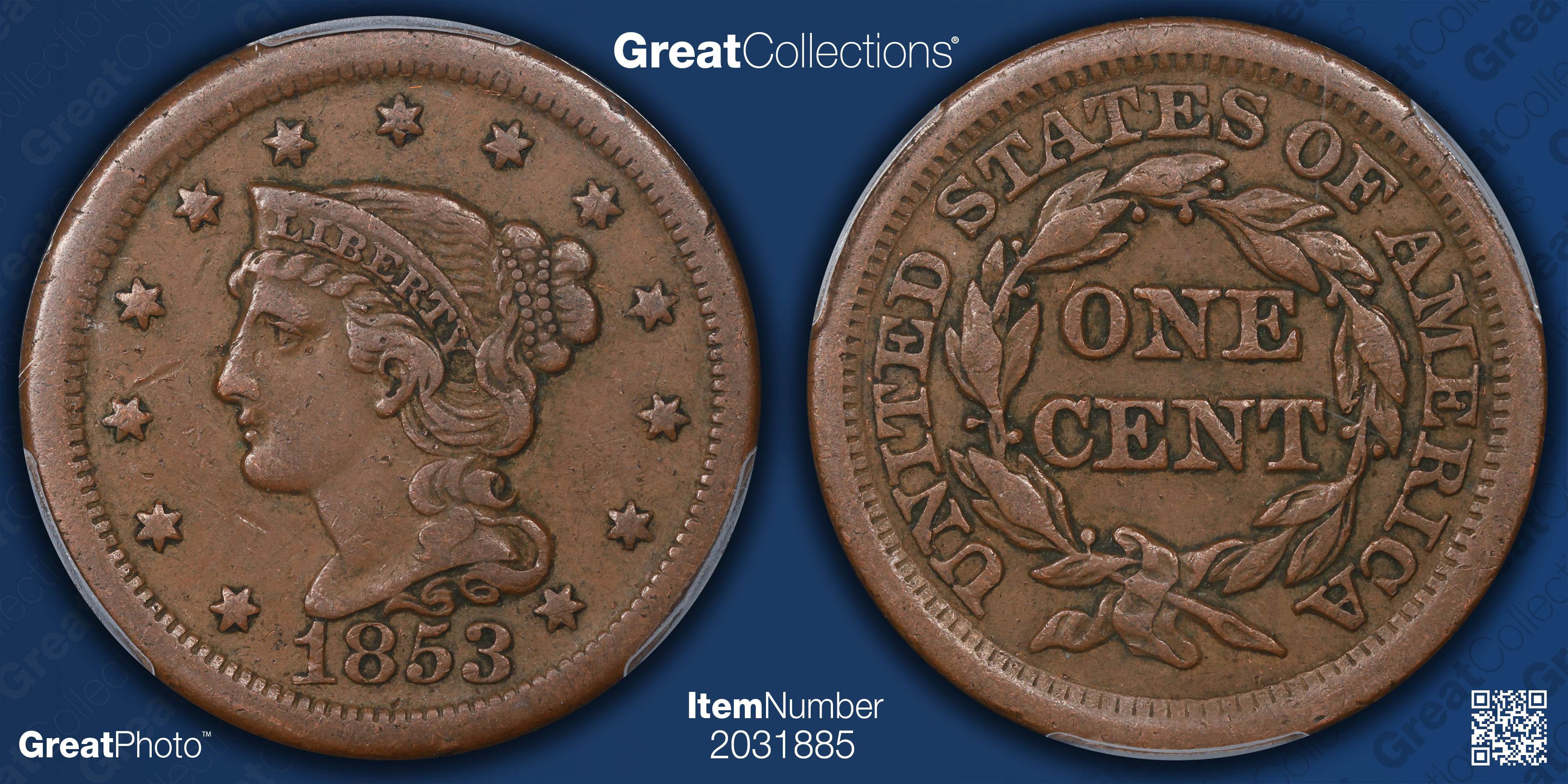 1853 Braided Hair Cent PCGS XF-40 BN (Item 2031885) | GreatCollections ...