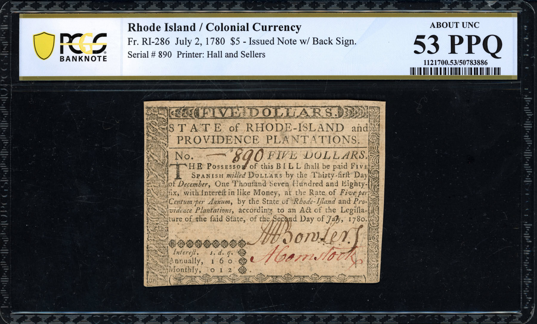 Fr. RI-286 July 2, 1780 $5 Rhode Island Colonial Note PCGS Banknote ...