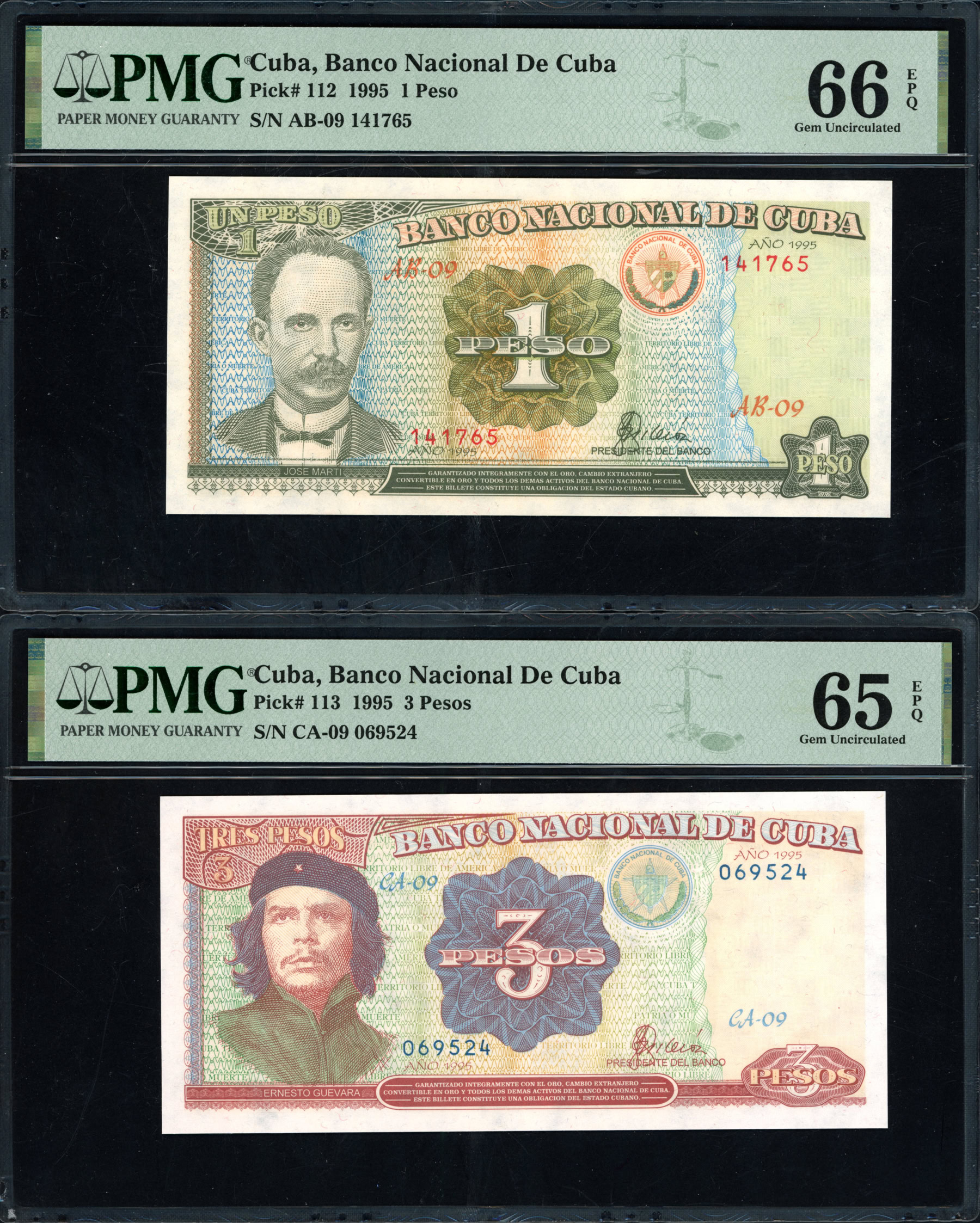 Cuba 1995 1 & 3 Pesos Banco Nacional de Cuba Notes SCWPM-112/3 PMG Gem ...