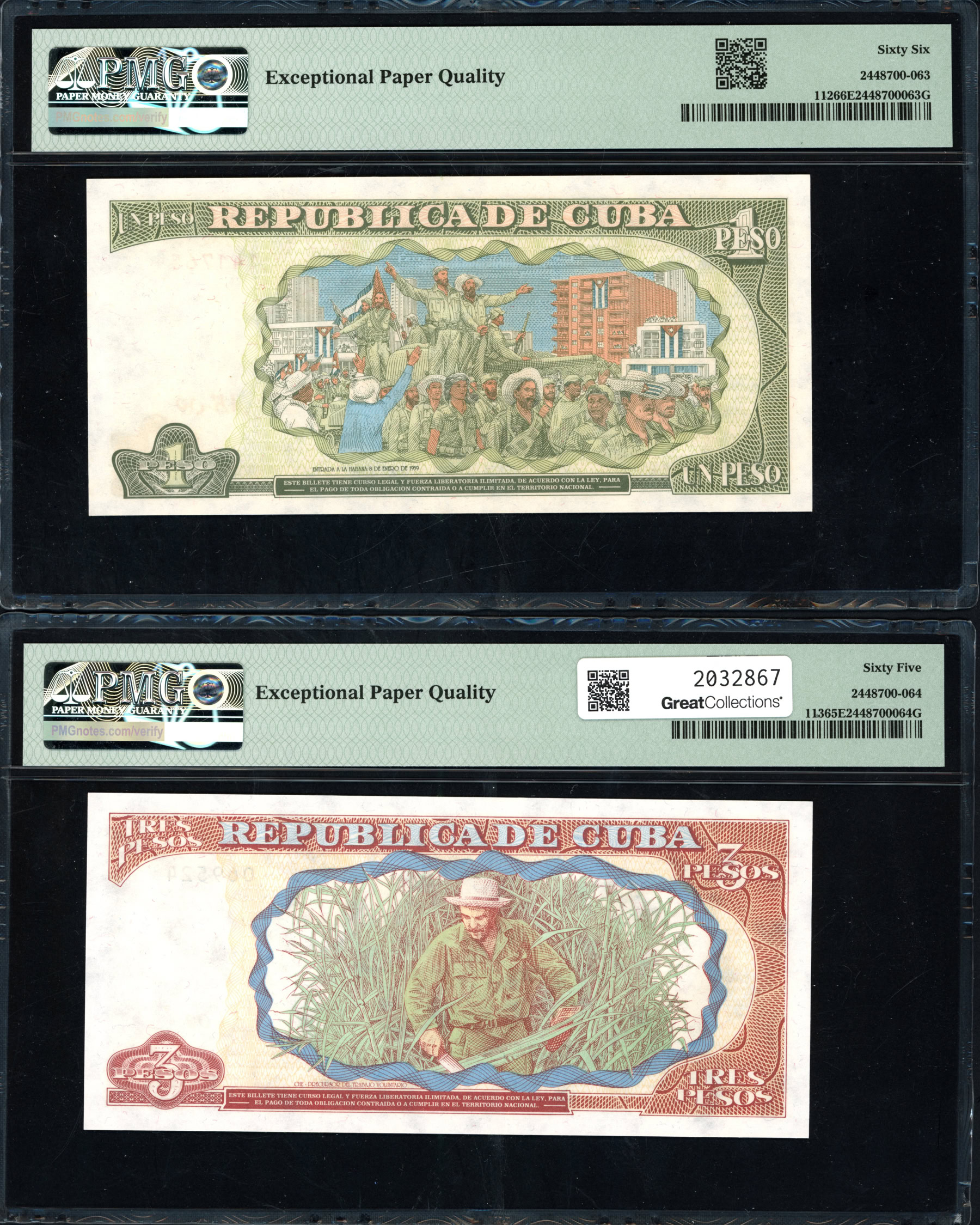 Cuba 1995 1 & 3 Pesos Banco Nacional de Cuba Notes SCWPM-112/3 PMG Gem ...