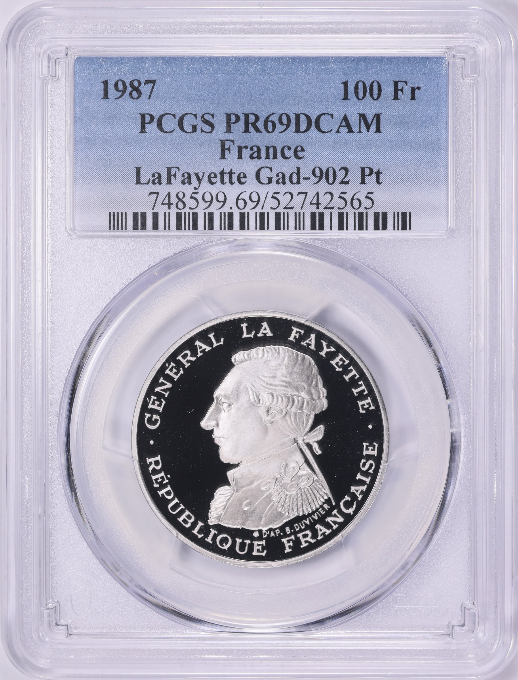 France 1987 Platinum 100 Francs Birth of General LaFayette 230th ...
