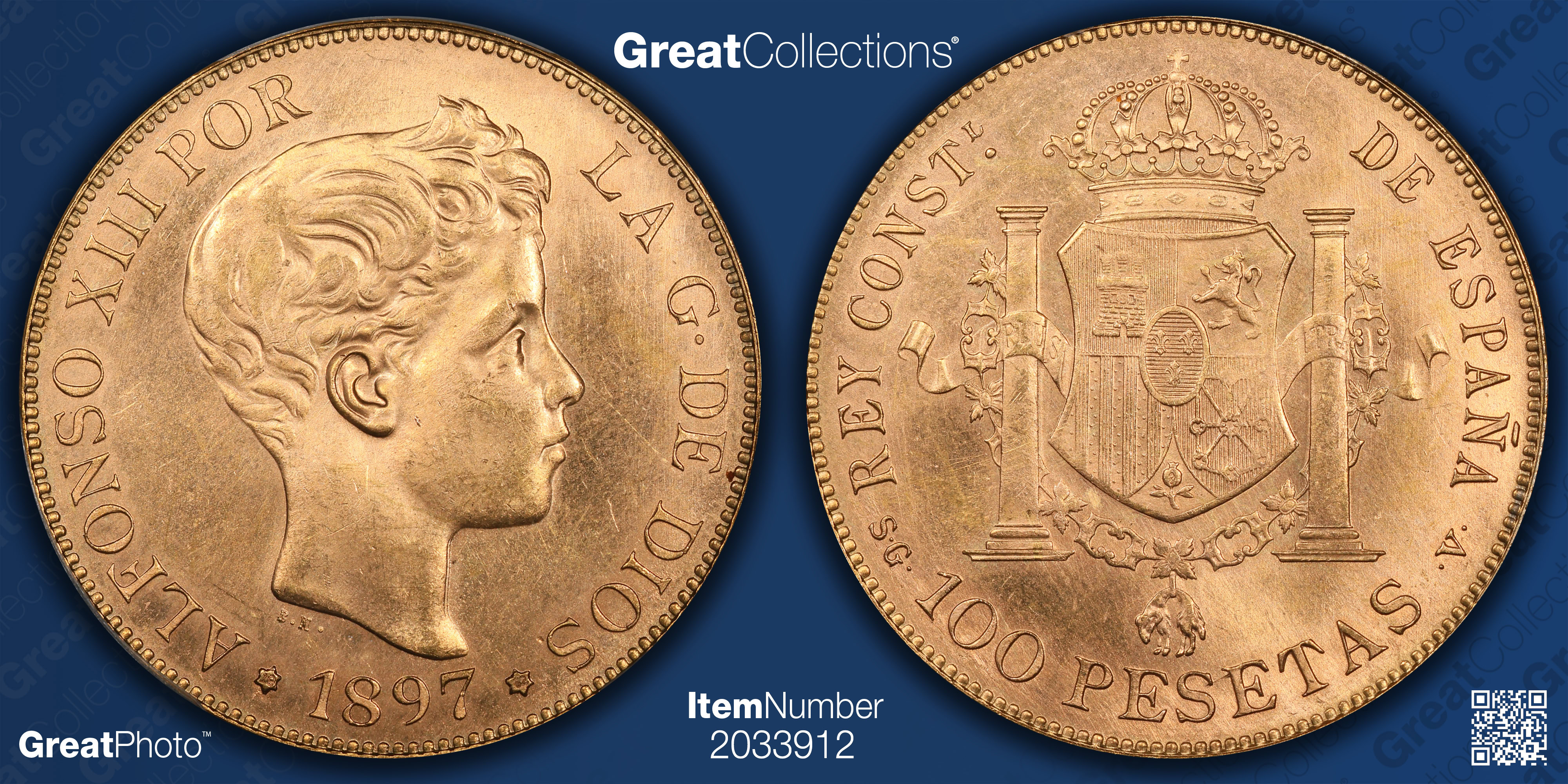 Spain 1897 (62)-SG V Gold 100 Pesetas Restrike KM-708 PCGS MS-63 (AGW ...
