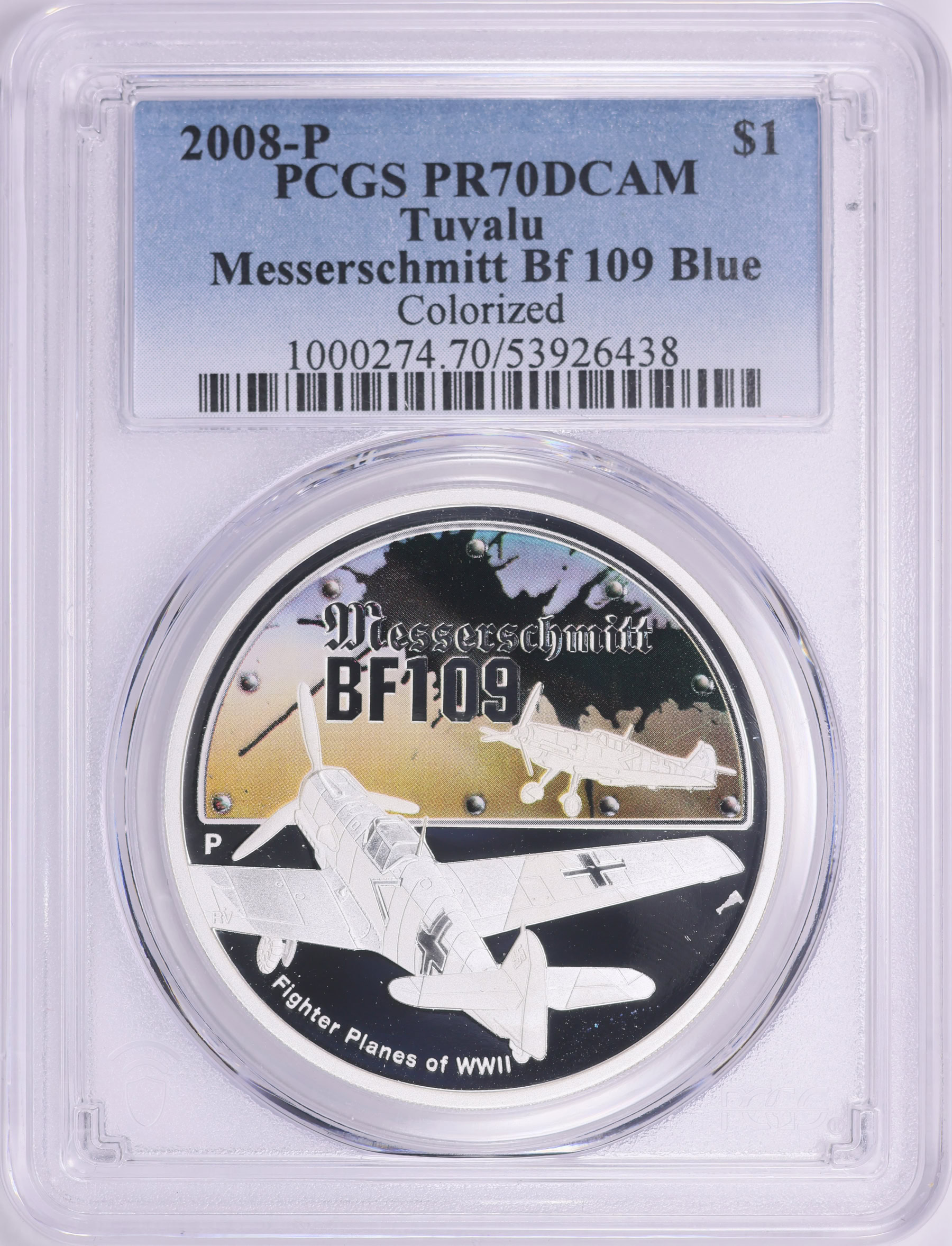 Tuvalu 2008-P Silver $1 Messerschmitt Bf 109 Blue Colorized PCGS Proof ...