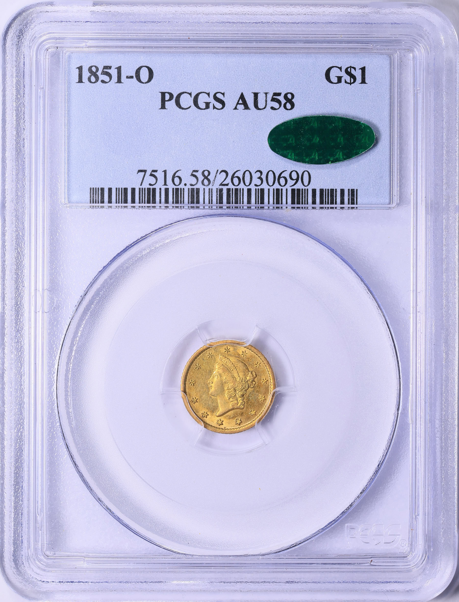 1851-O Liberty Gold Dollar PCGS AU-58 (CAC Green) (Item 2034854 ...